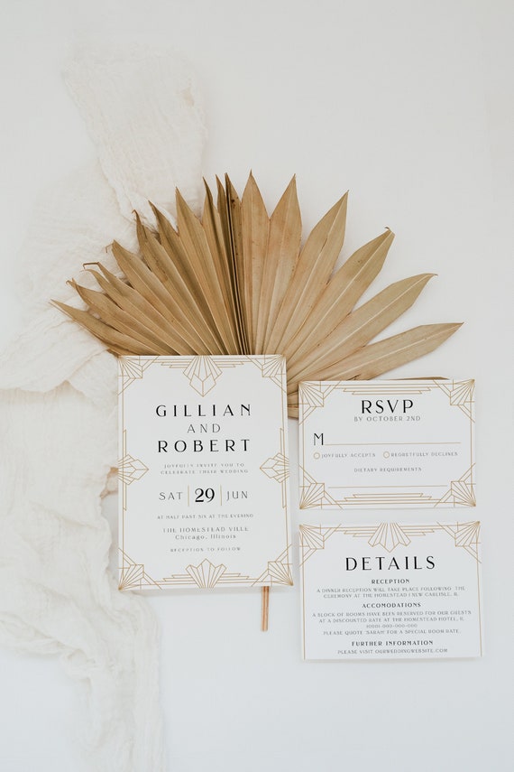 Art Deco Wedding Invitation Template Suite Gold Art Deco - Etsy