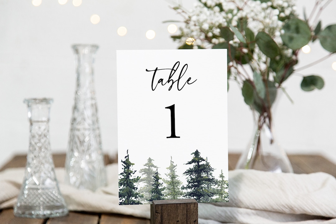 Pine Table Number Cards, Printable Mountain Lake Wedding Table Number ...