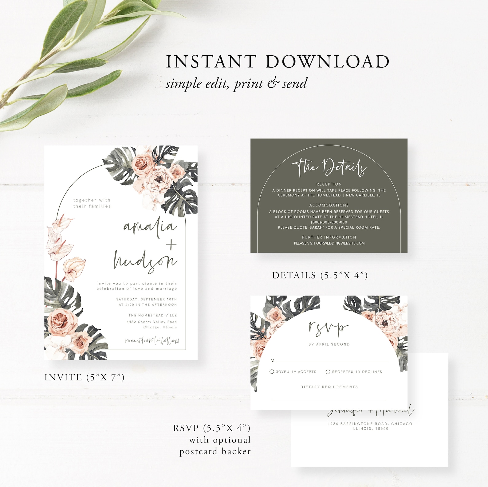 Boho Wedding Invitation Template Tropical Wedding Invitation | Etsy