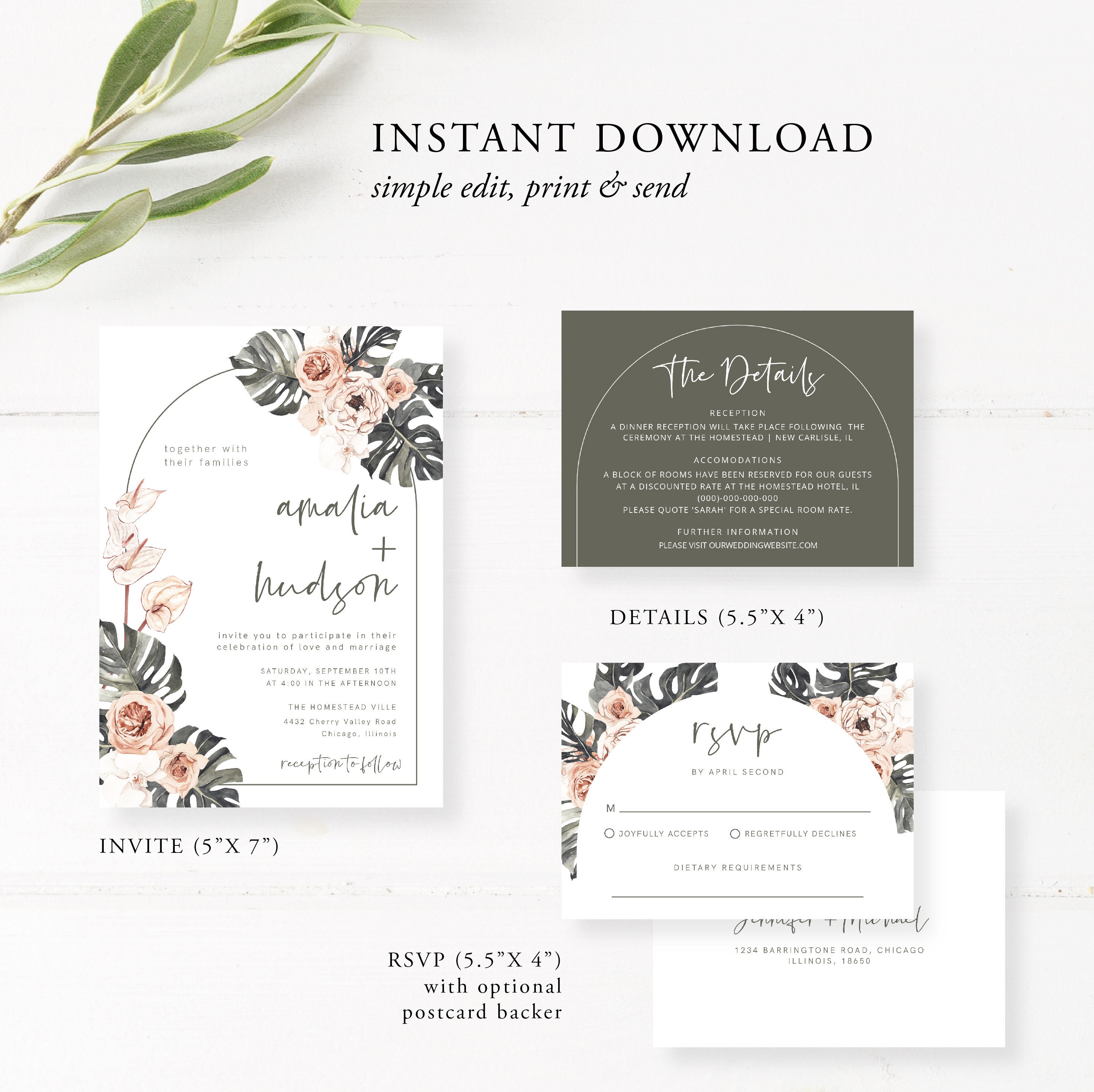 Boho Wedding Invitation Template Tropical Wedding Invitation | Etsy