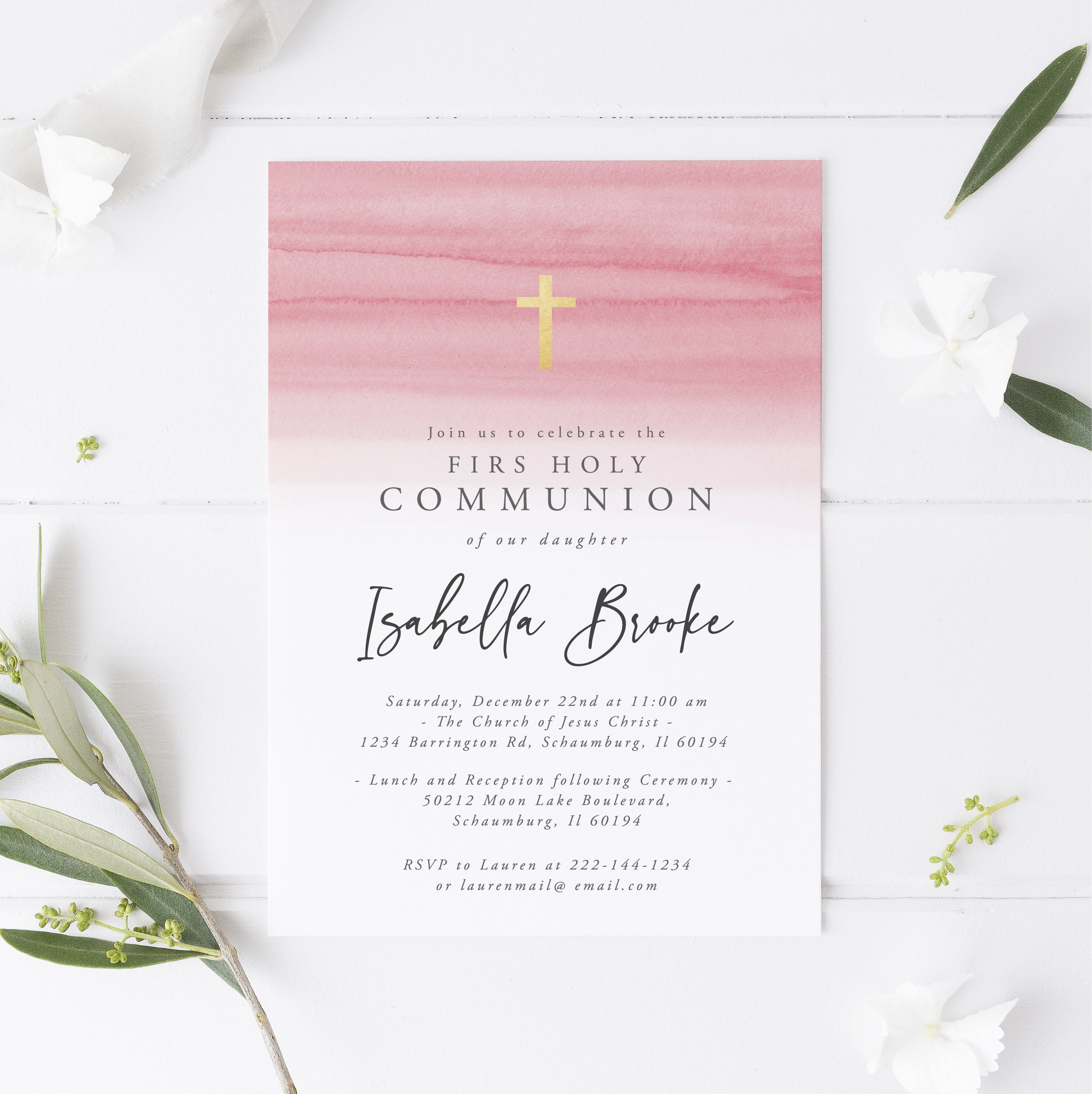 Pink Watercolor First Communion Invitation Template First - Etsy