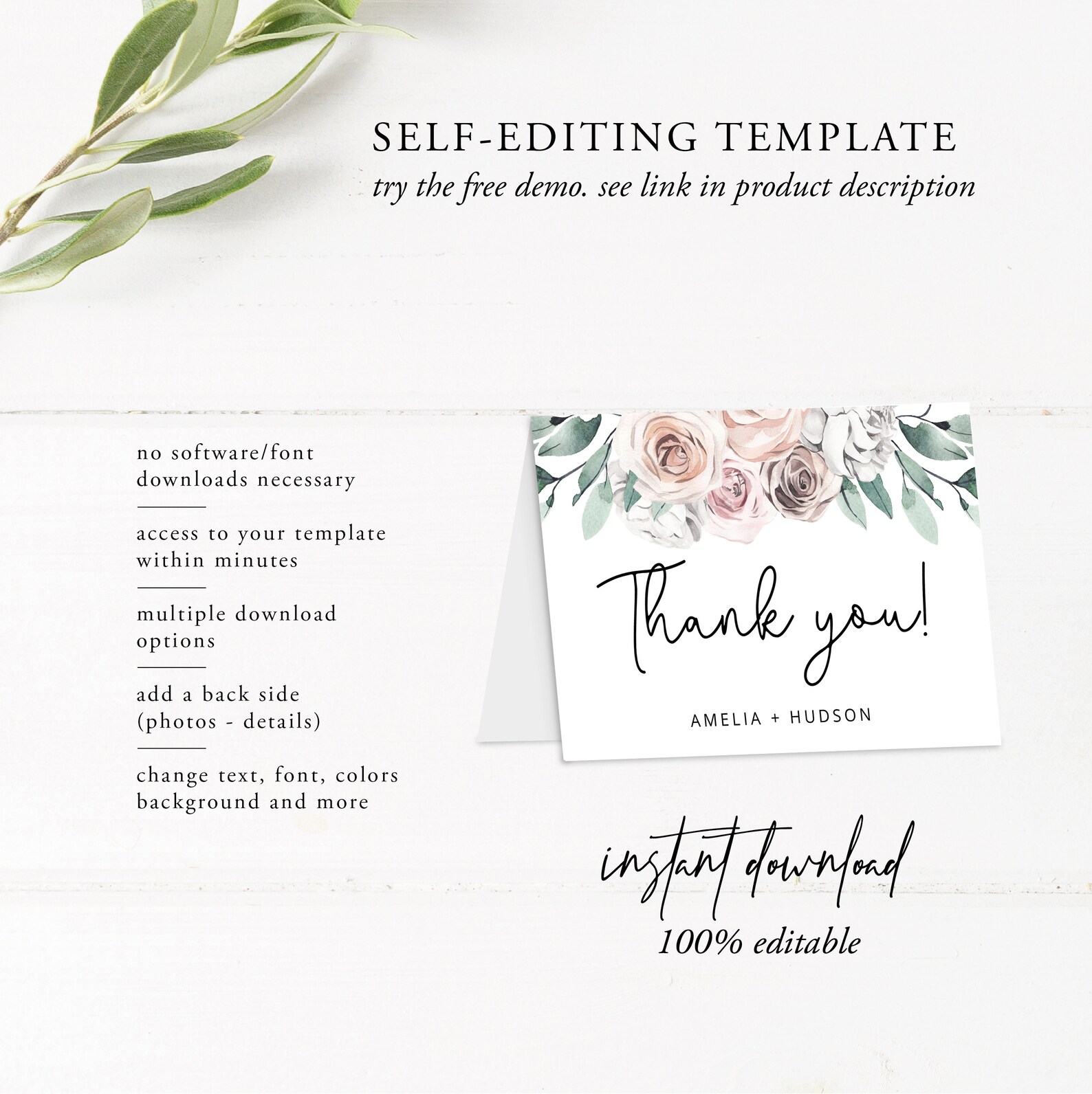 Rose Thank You Card Template Rose Wedding Thank You Bridal - Etsy