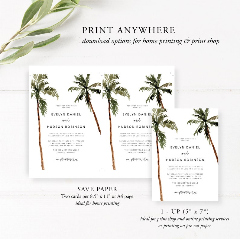 Palm Tree Wedding Invitation Template Minimal Tropical | Etsy