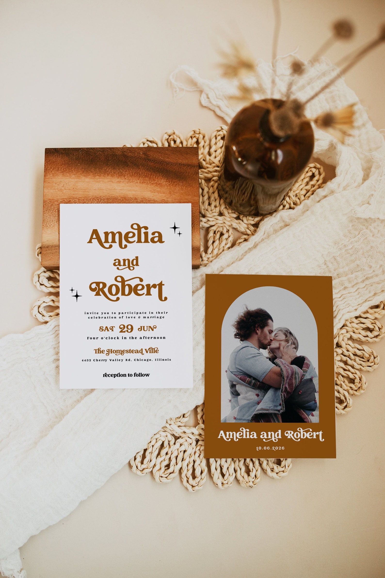 Retro Wedding Invitation Template Set, Groovy Wedding Invitation, Boho ...