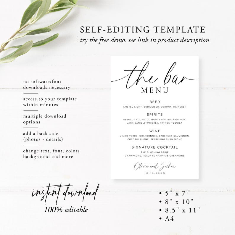 Bar Sign Template, Wedding Drink Menu Template, Printable Bar Sign ...