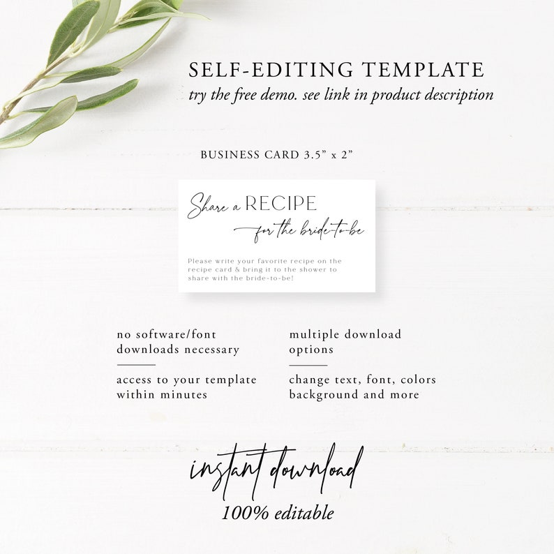 Minimalist Recipe Request Card Template Bridal Shower Recipe - Etsy