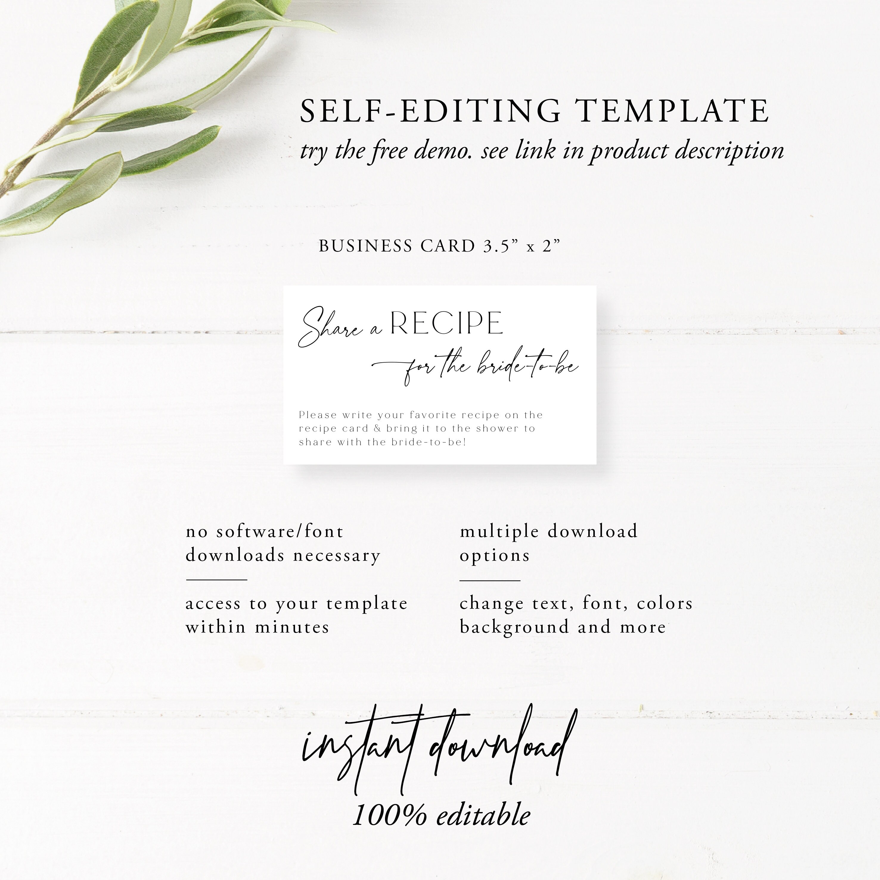 Minimalist Recipe Request Card Template Bridal Shower Recipe - Etsy