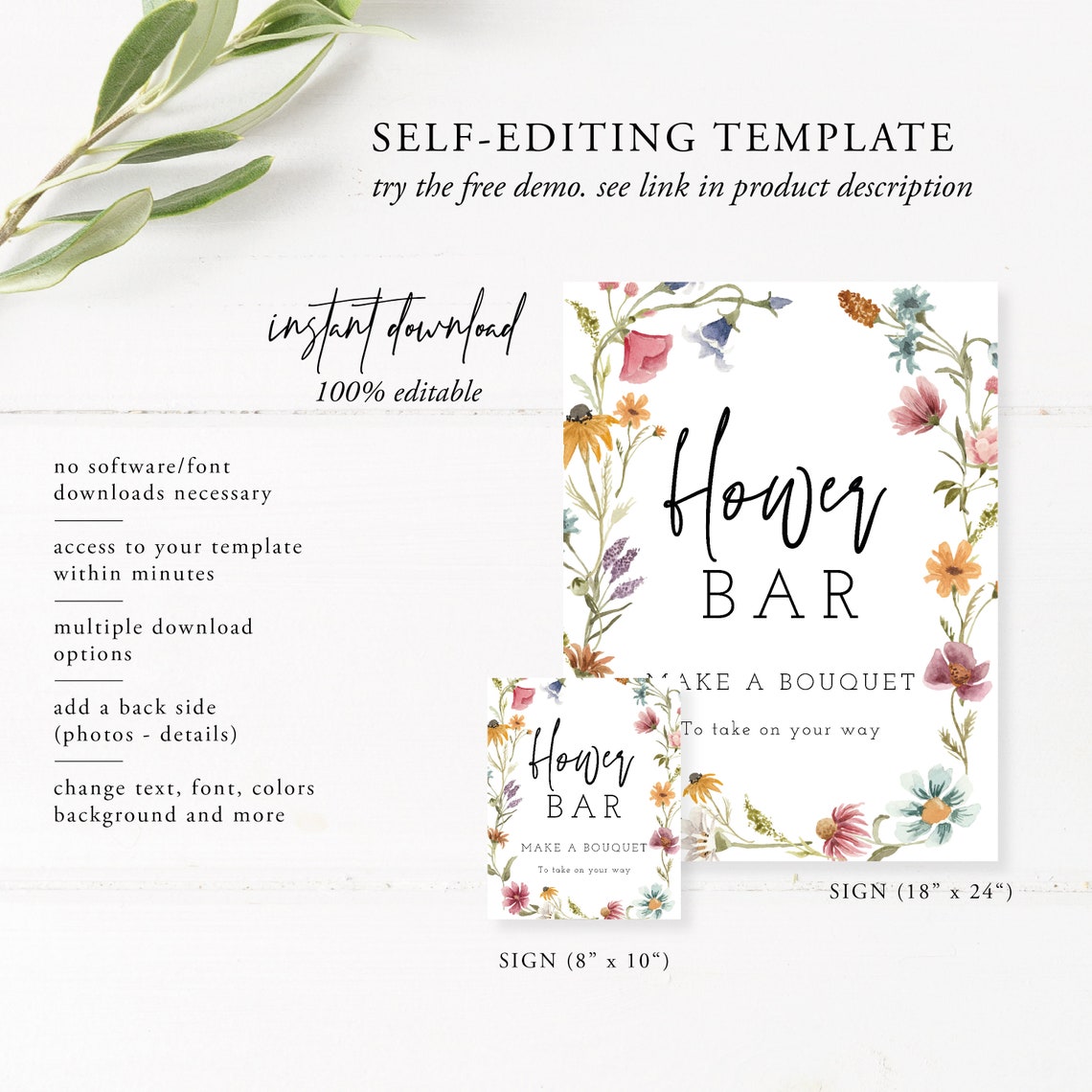 Flower Bar Sign Template Bright Floral Wedding Signs Make a - Etsy