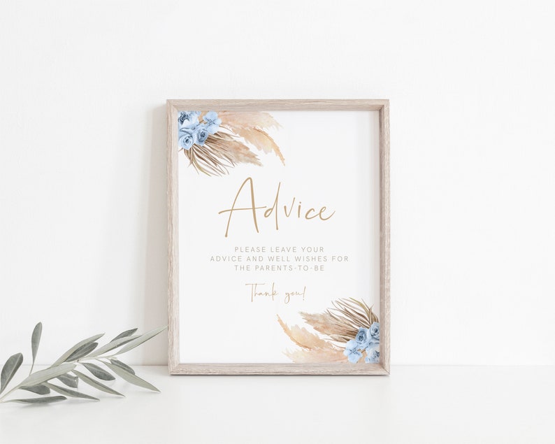 Baby Advice Sign and Cards, Advice Card Template, Blue Pampas Grass ...