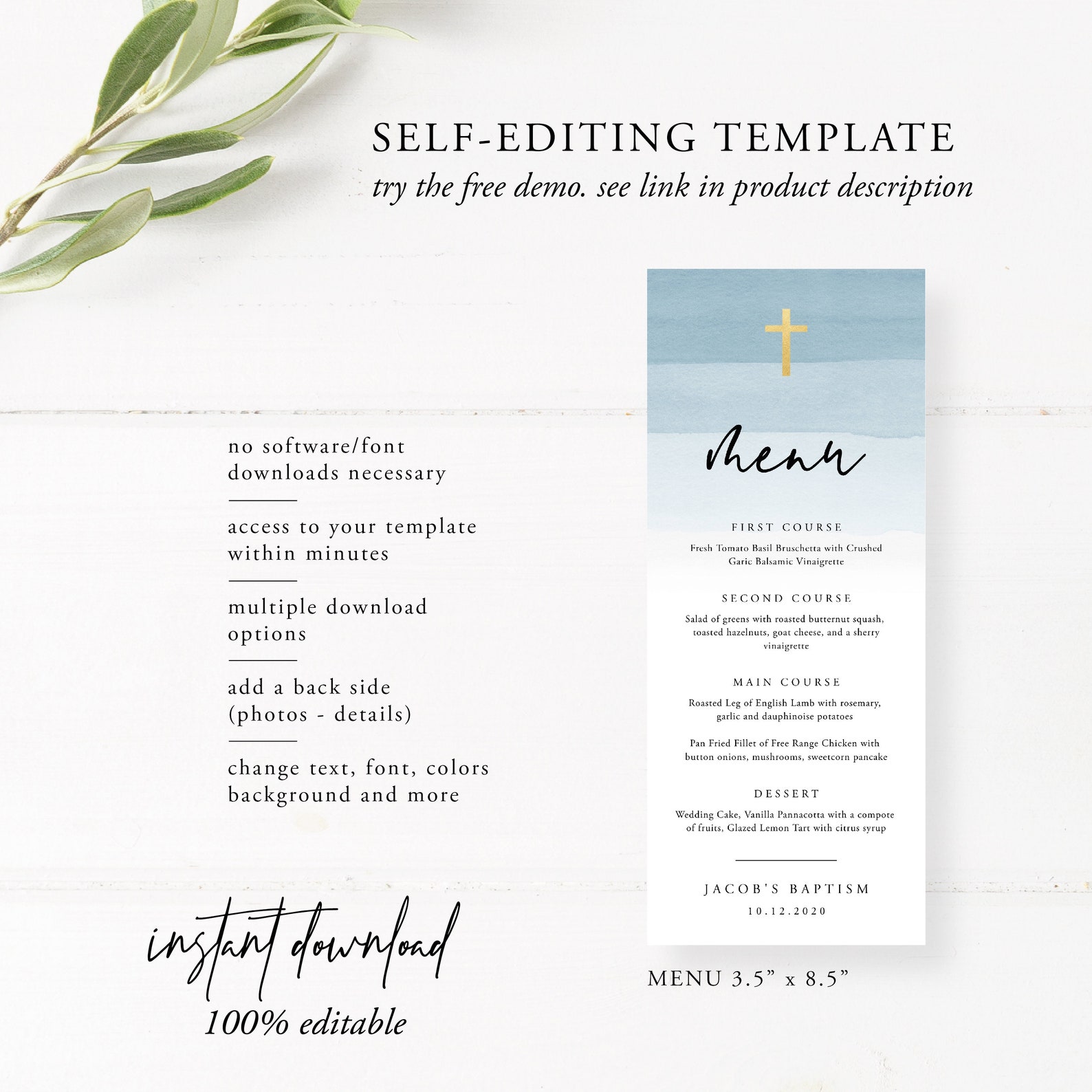 Watercolor Menu Baptism Template, Editable Baptism Menu, Printable Menu ...