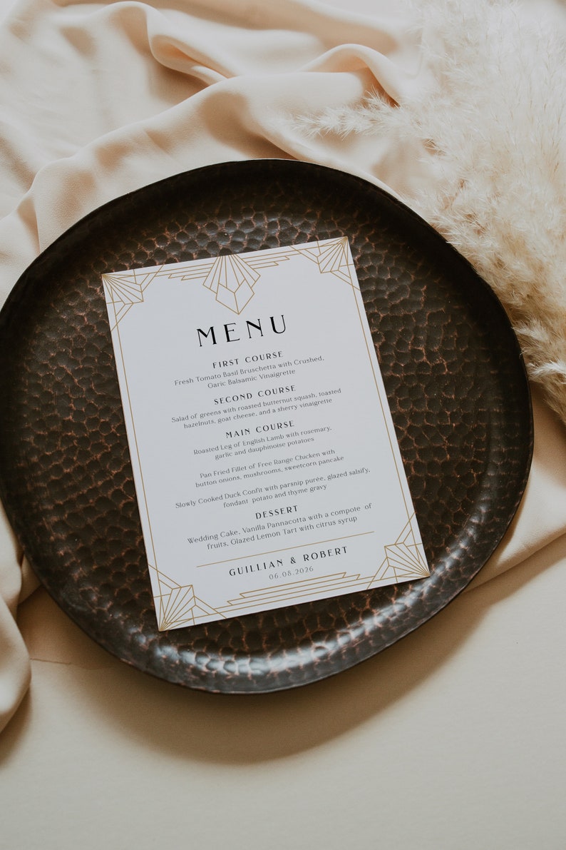 Art Deco Menu Template, Gold and White Art Deco Menu Printable, Gatsby ...