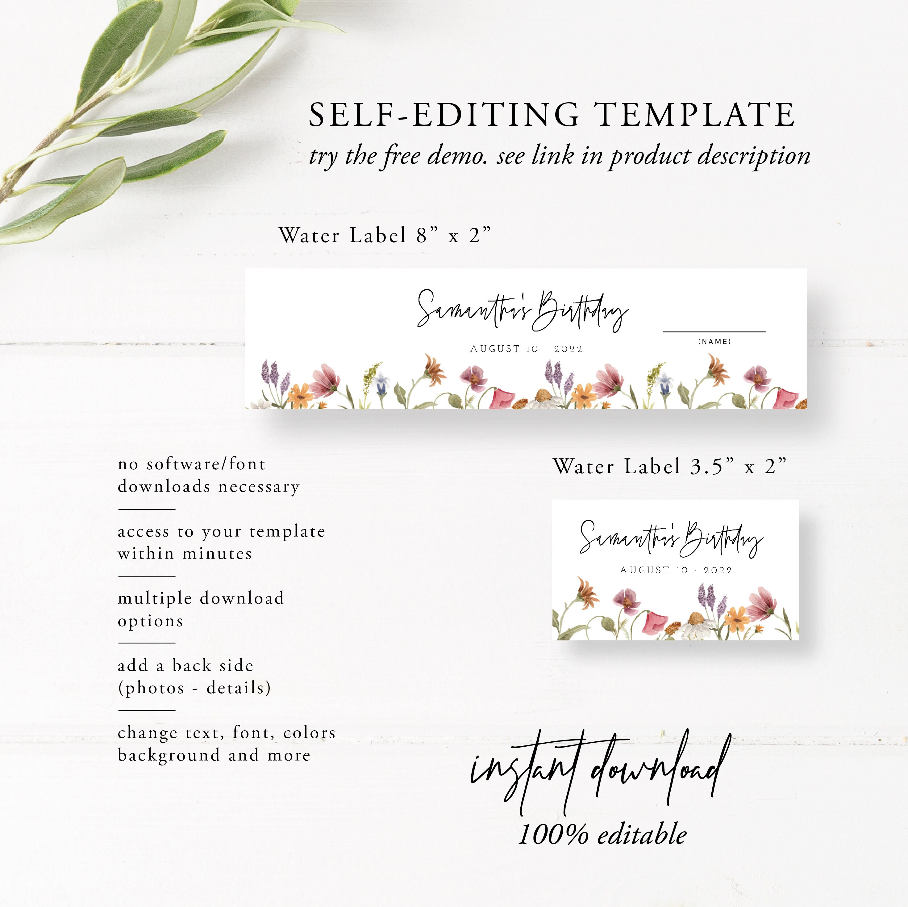 Water Bottle Label Template Wildflower Water Label Floral - Etsy