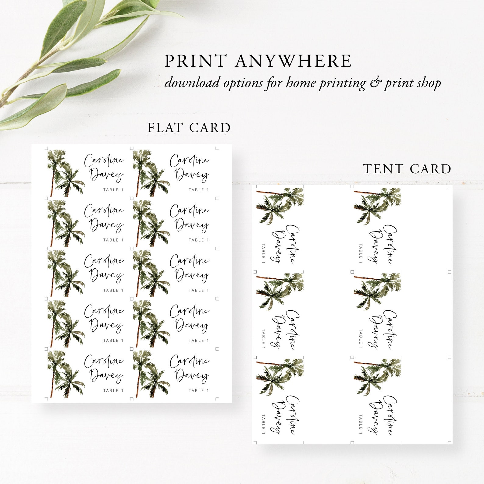 Palm Tree Place Card Template, Printable Place Cards, Tropical Wedding ...