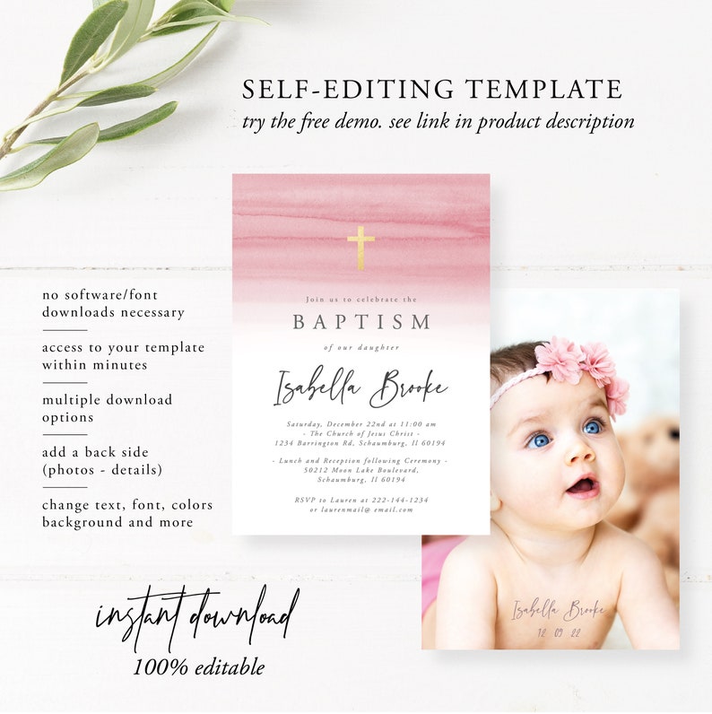 Pink Watercolor Baptism Invitation Template Baptism - Etsy