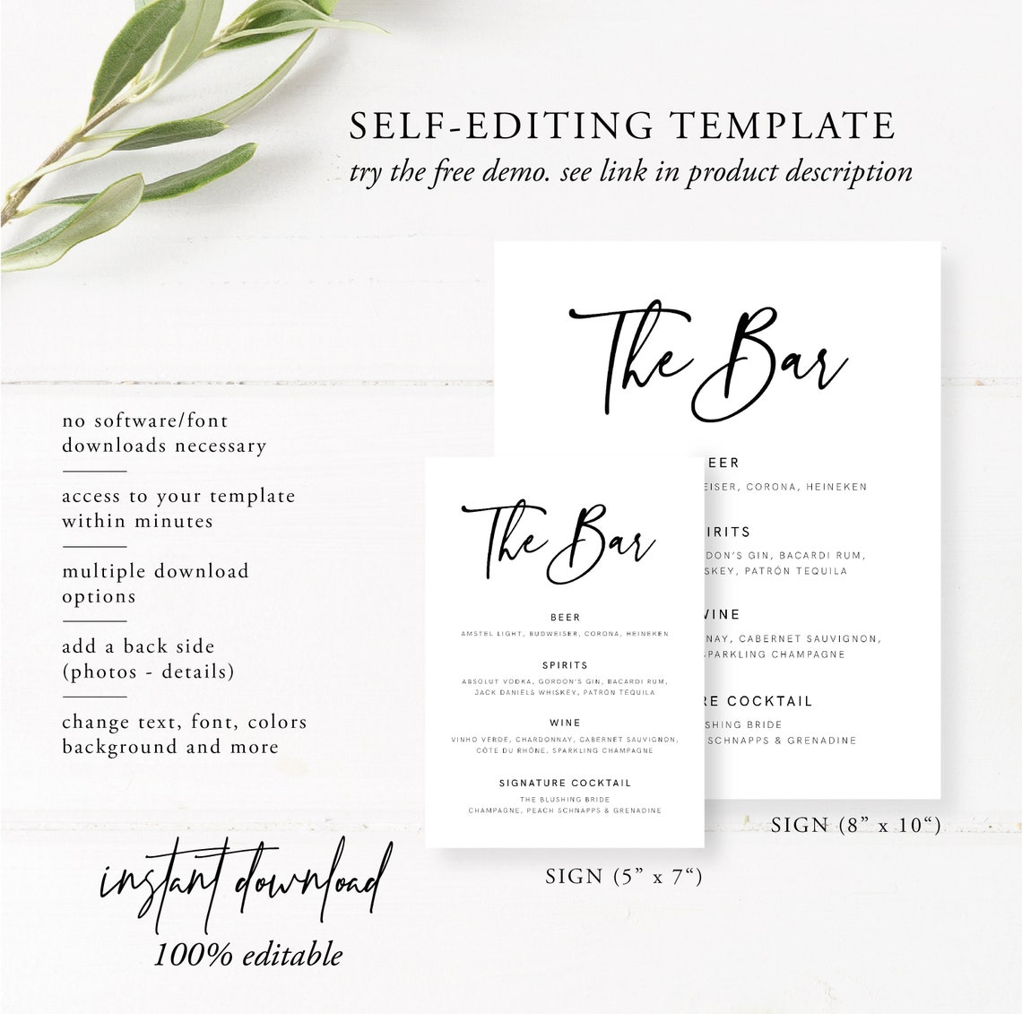 Modern Wedding Bar Menu Template 8x10 Minimalist Bar - Etsy