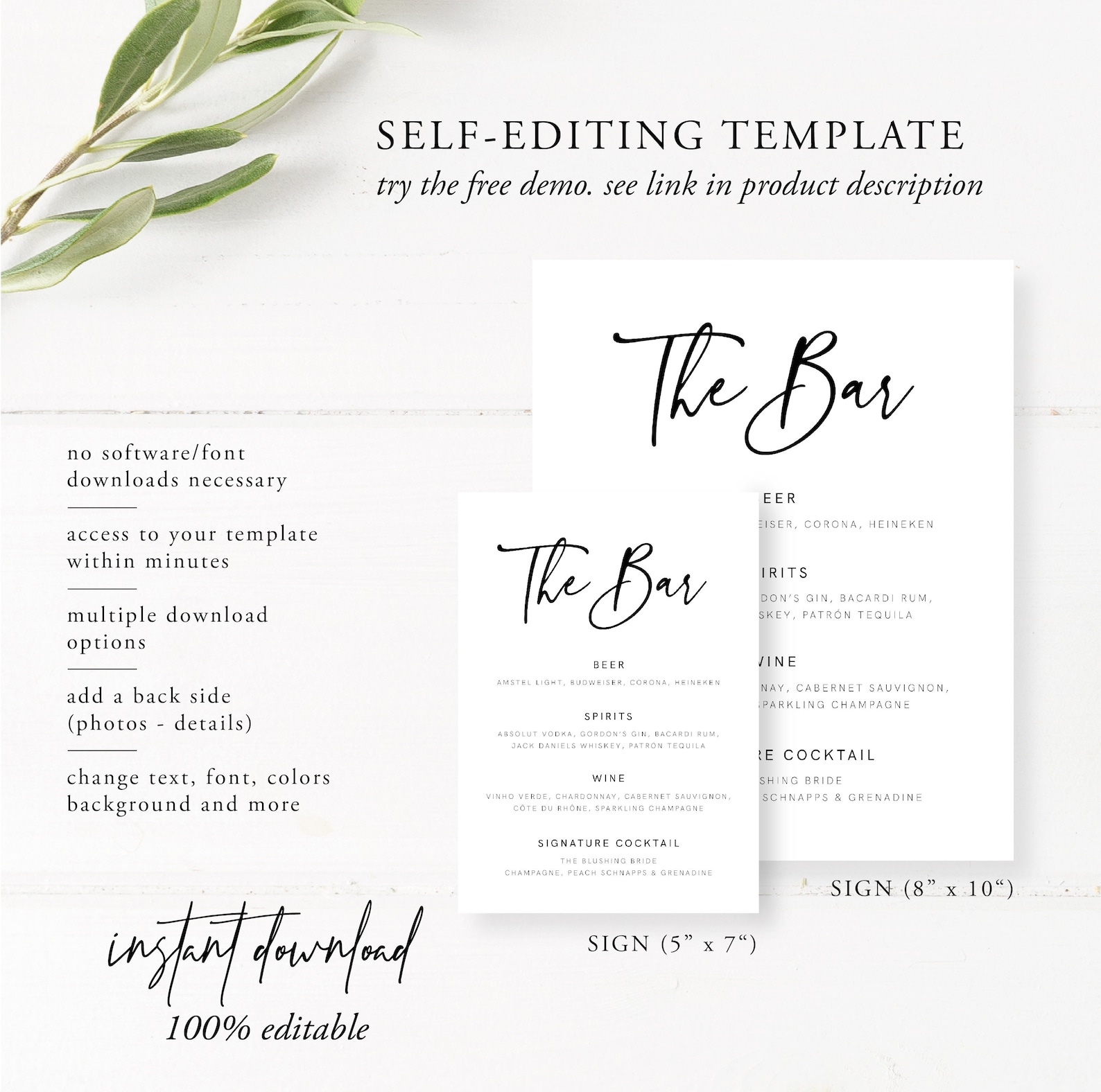 Modern Wedding Bar Menu Template 8x10 Minimalist Bar - Etsy