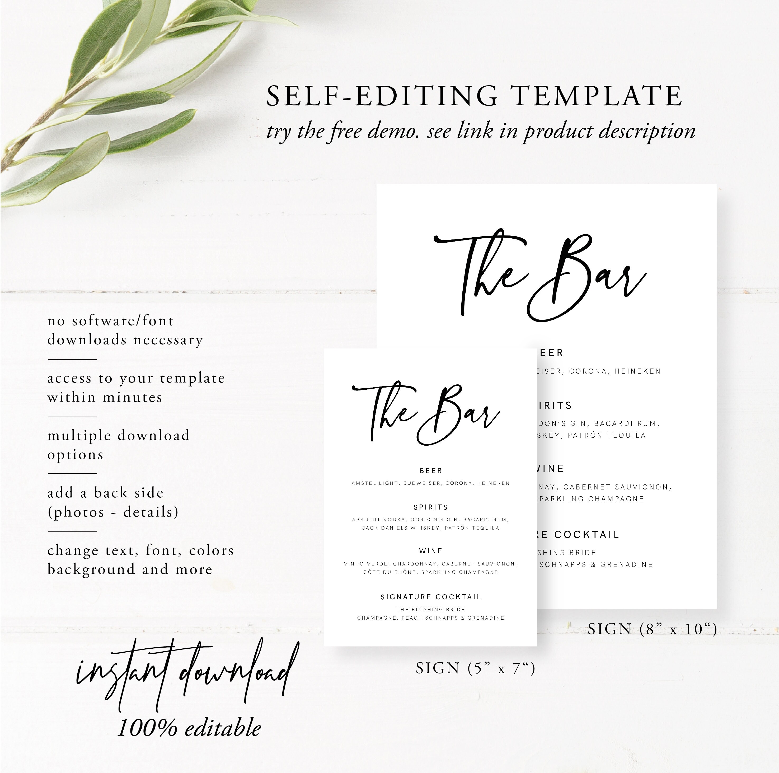 Templett P52 Simple Bar Menu Sign 100 Editable Minimalist Minimal 