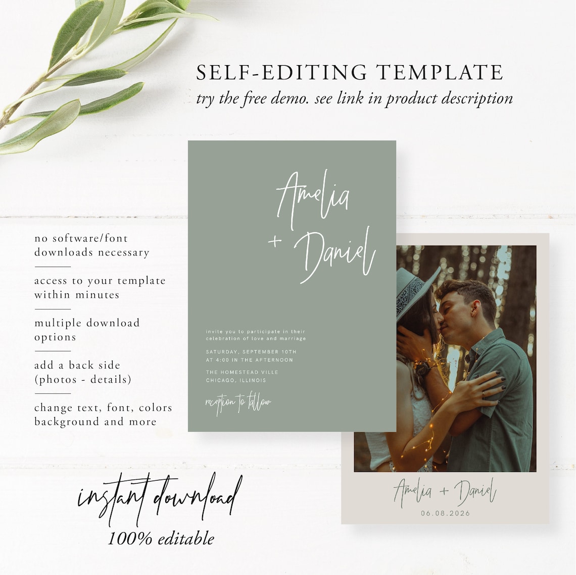 Sage Green Wedding Invitation Sage Green Invitation Template | Etsy