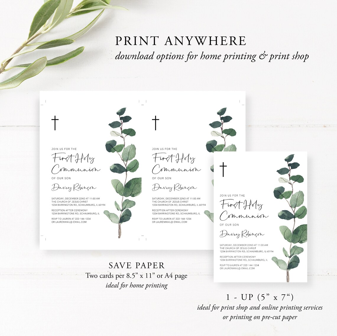 First Holy Communion Template Greenery Communion Invitation - Etsy