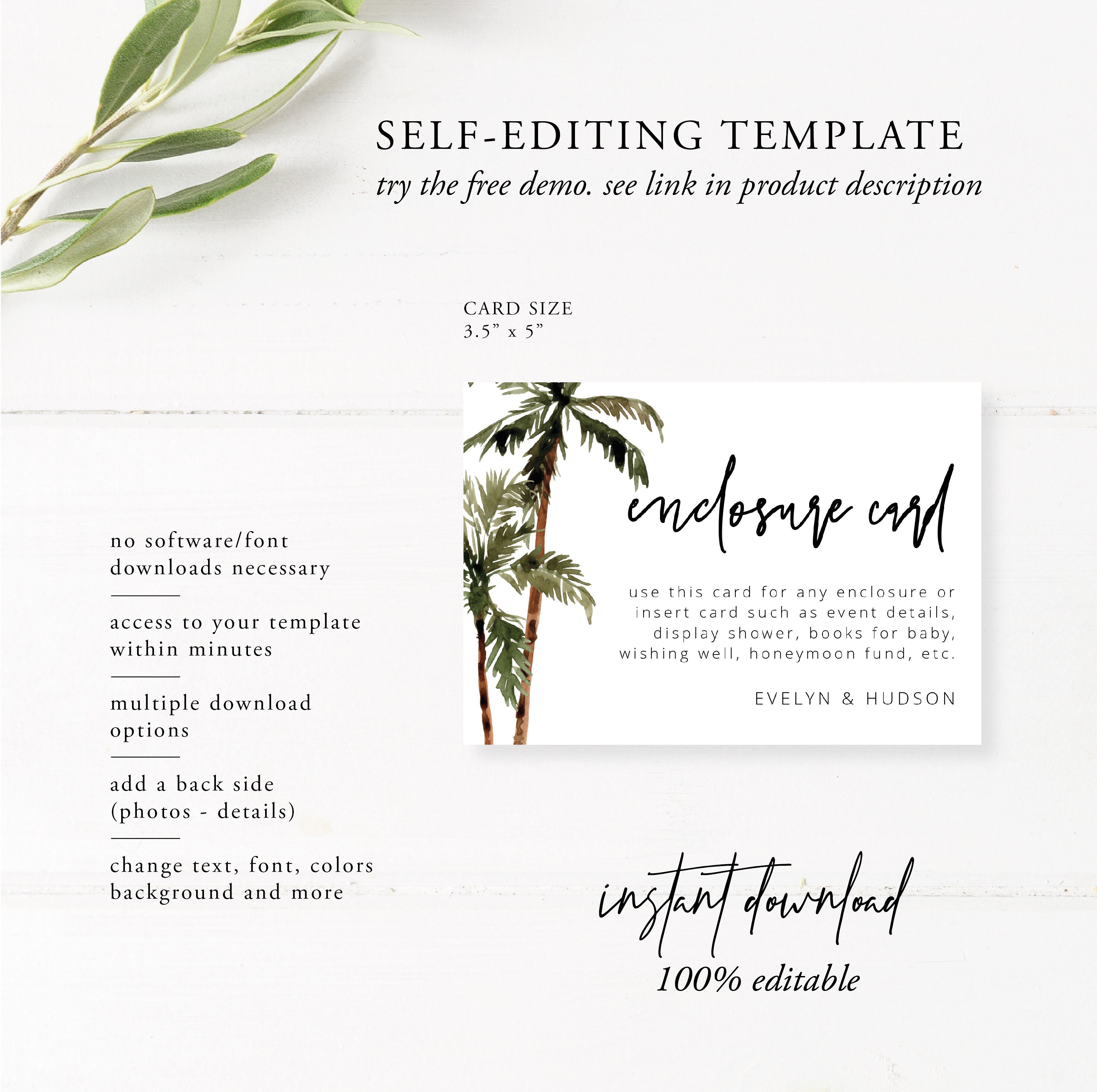 Palm Tree Enclosure Card, Wedding Invitation Insert, Baby Shower Insert ...