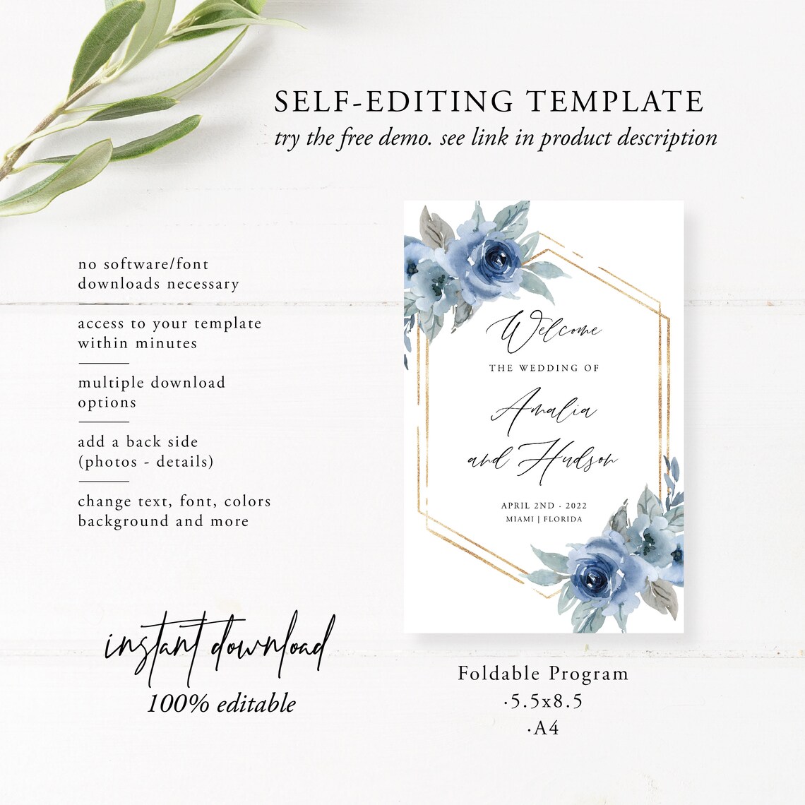 Dusty Blue Wedding Program Template Foldable Blue Floral - Etsy
