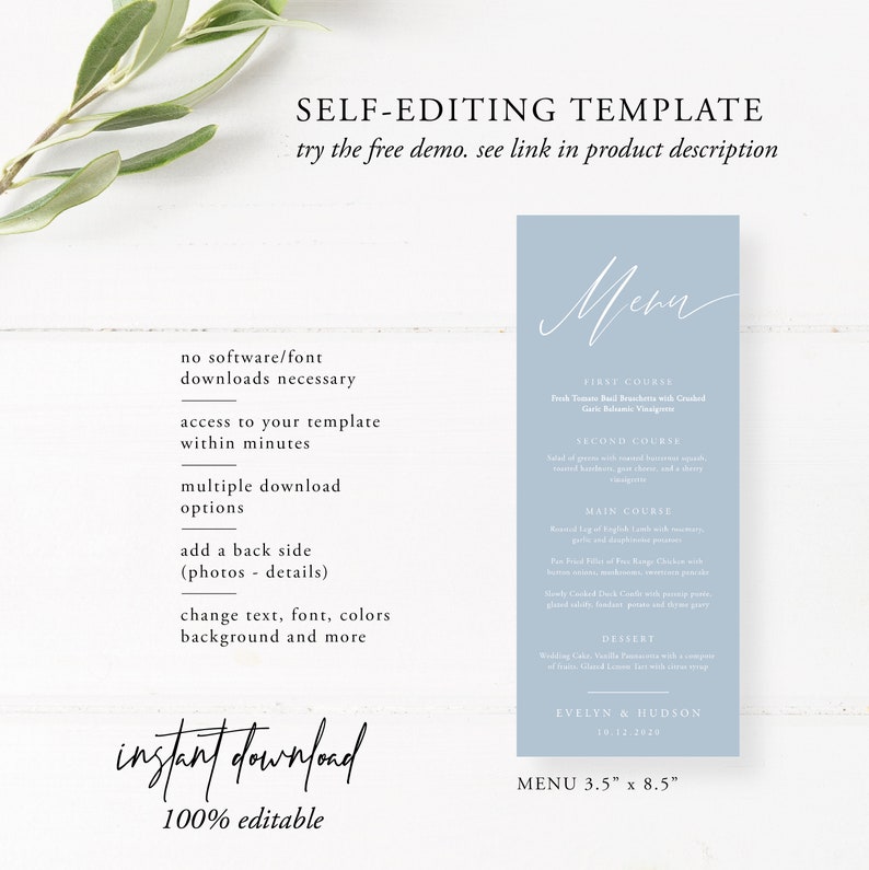 Dusty Blue Menu Template Blue Menu Modern Menu Printable - Etsy