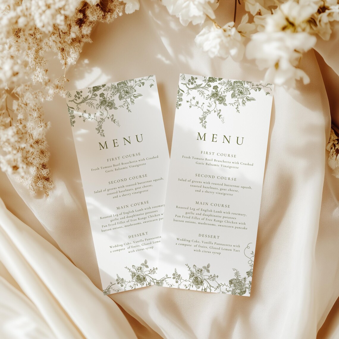 Green Vintage Floral Wedding Menu Template, Olive Green Printable Menu ...
