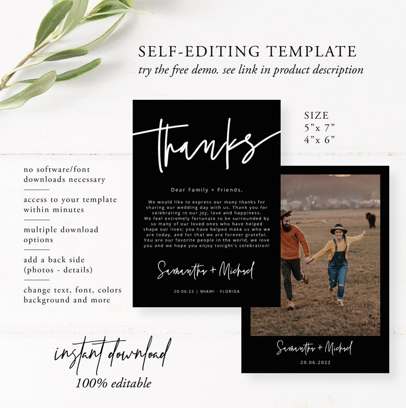 Modern Thank You Card Black Thank You Letter Note Printable - Etsy