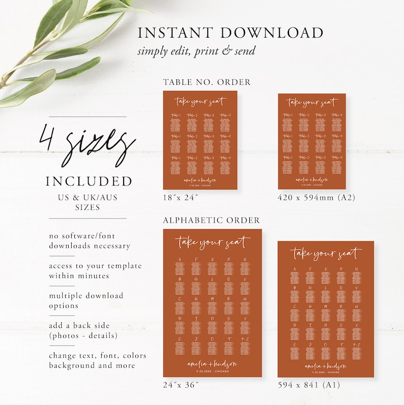 Boho Seating Chart Template, Printable Wedding Seating Sign, Terracotta ...