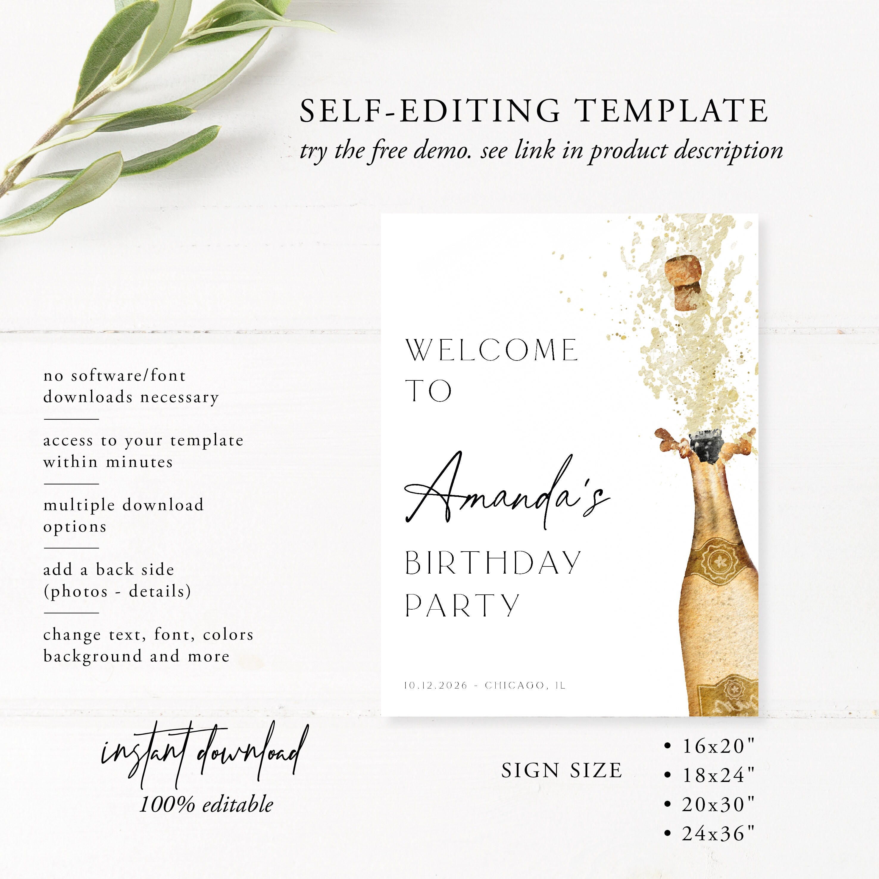 Champagne Birthday Welcome Sign, Sip Sip Champagne Minimalist Birthday ...