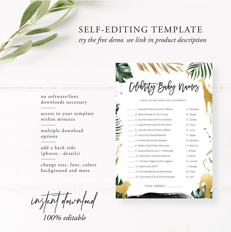 Celebrity Baby Names Game Baby Shower Game Safari Baby - Etsy