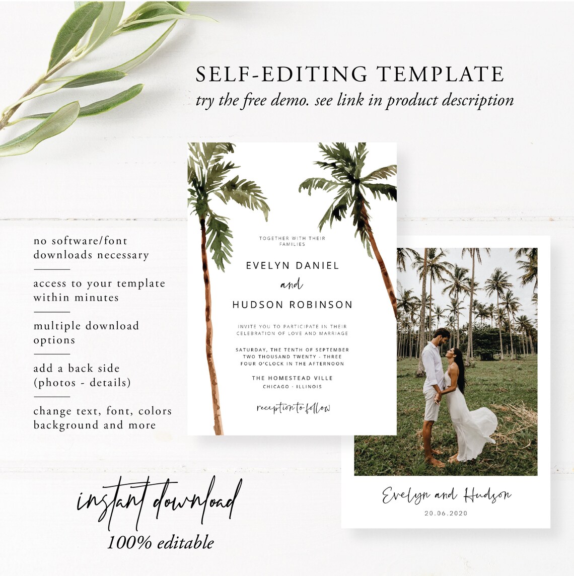 Palm Tree Wedding Invitation Template Minimal Tropical - Etsy
