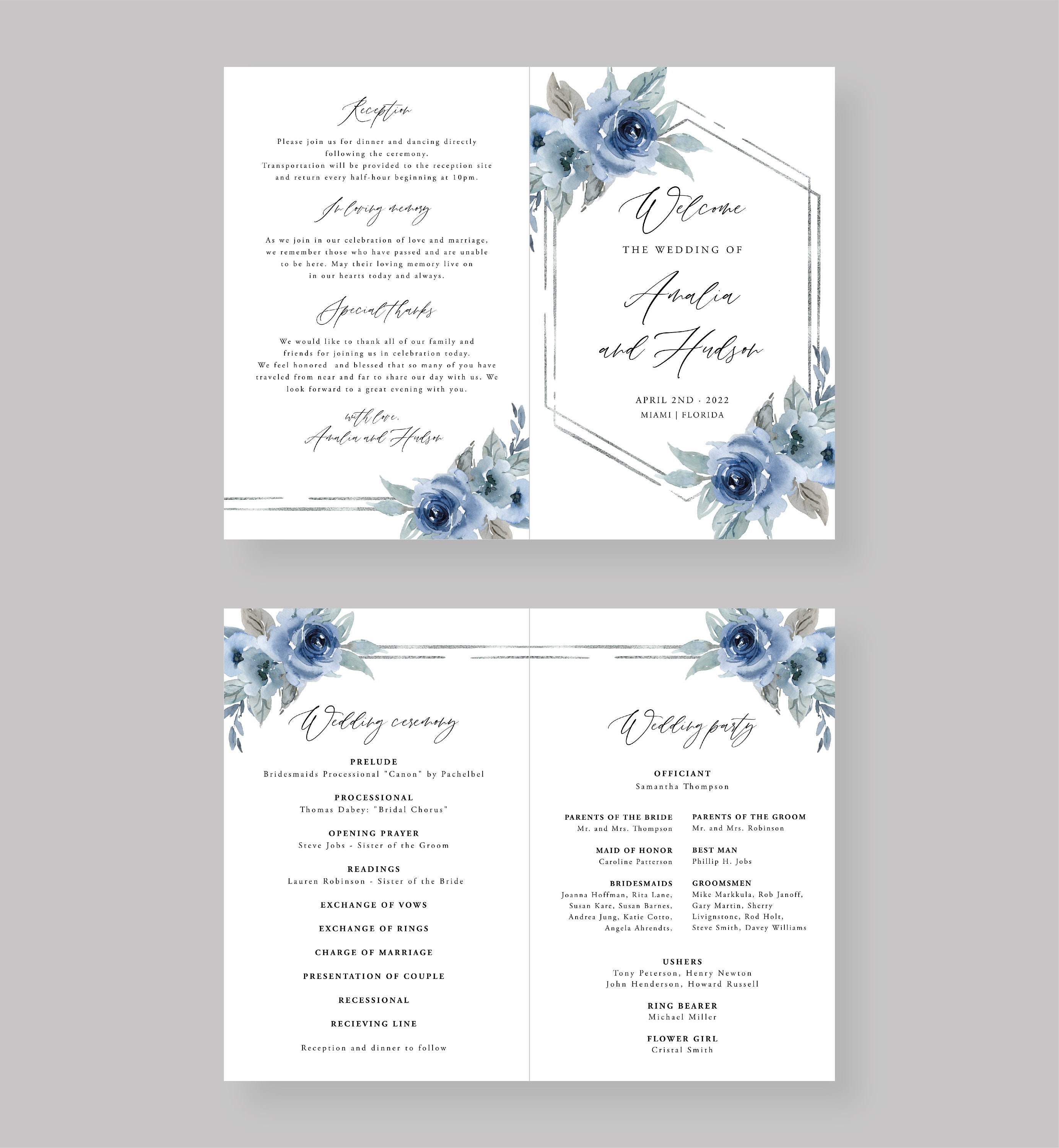 Dusty Blue Wedding Program Template Foldable Blue Floral - Etsy