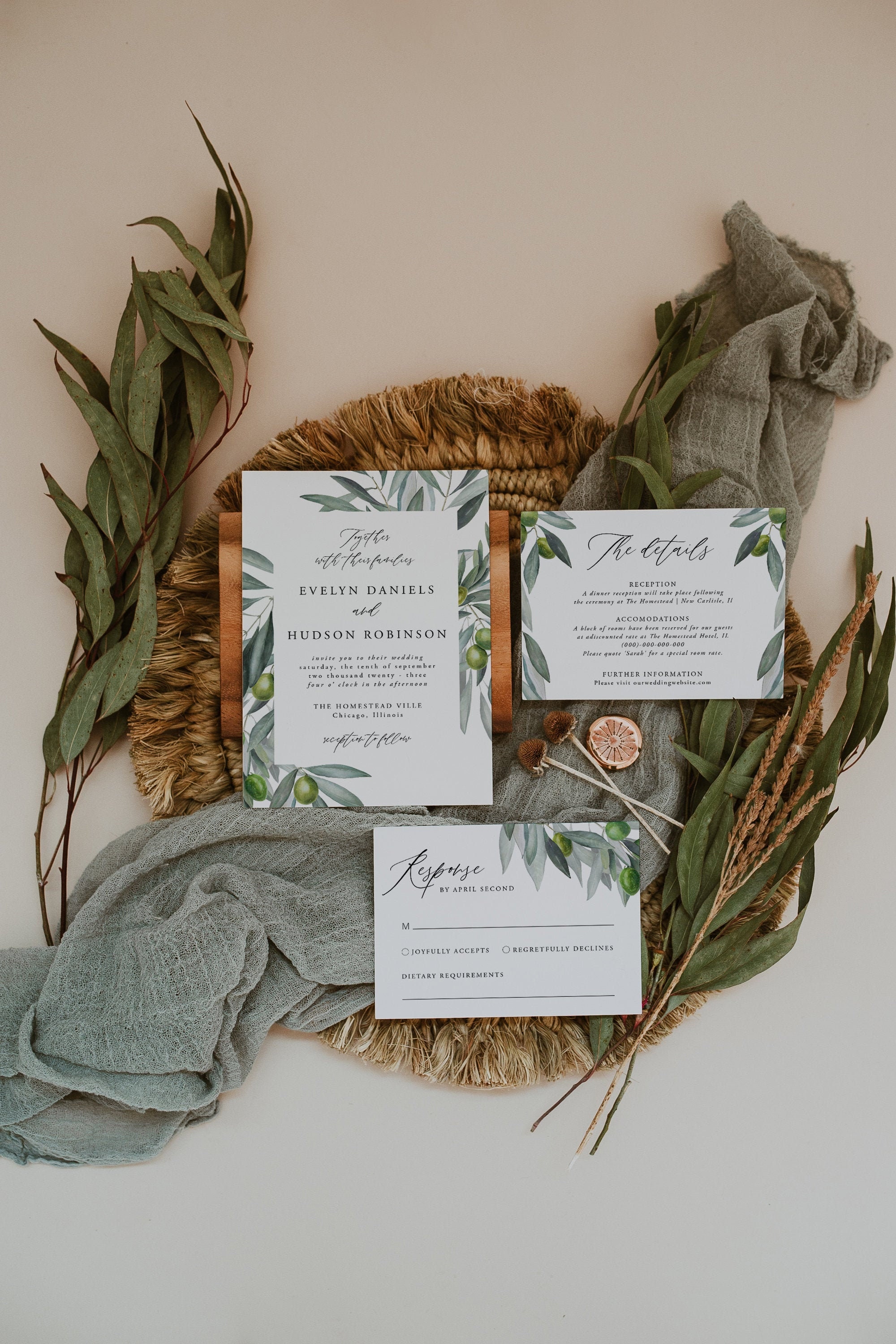 Olive Wedding Invitation Suite Template, Delicate Greenery Weeding ...