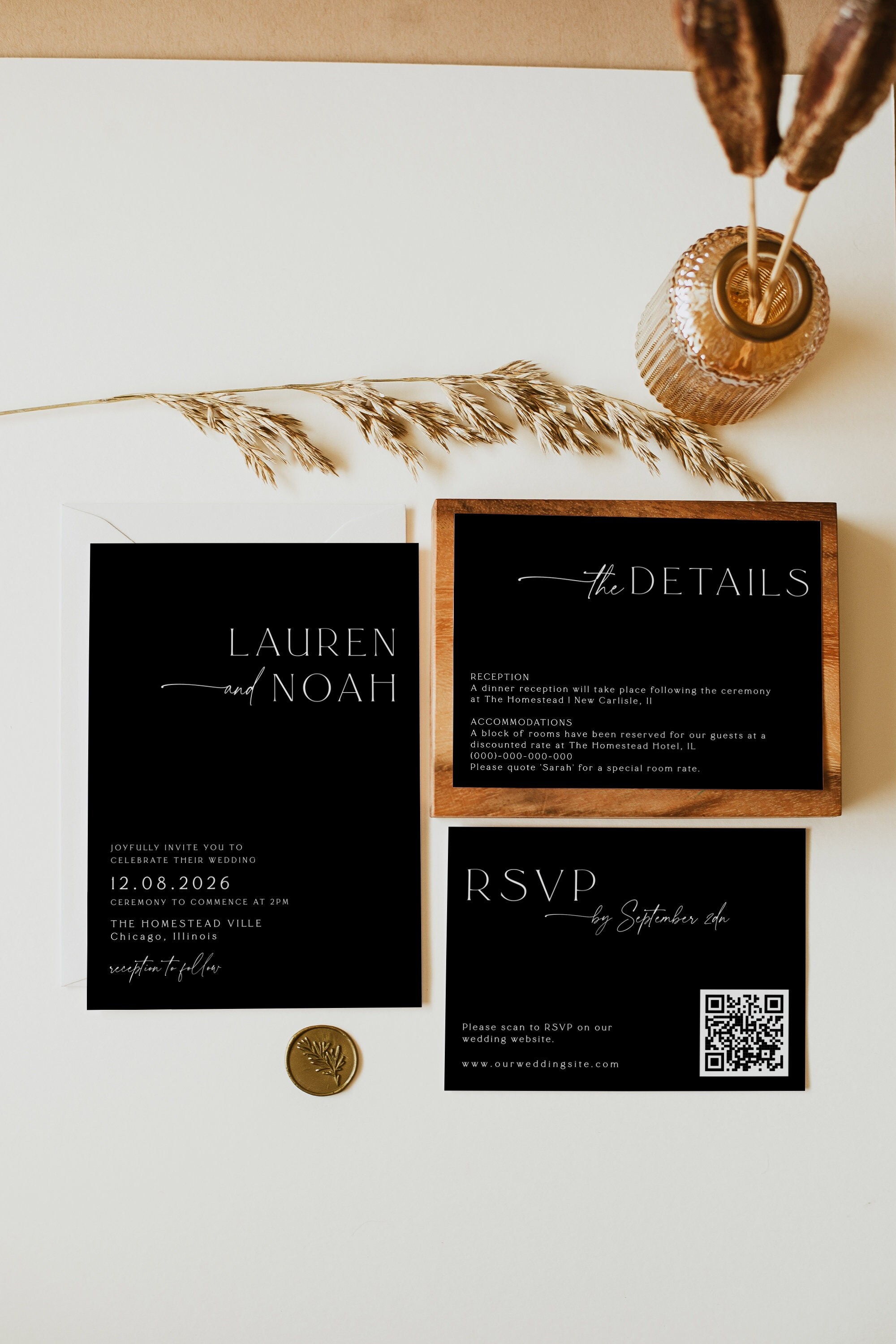 Black Wedding Invitation With QR Code RSVP Minimalist Wedding - Etsy