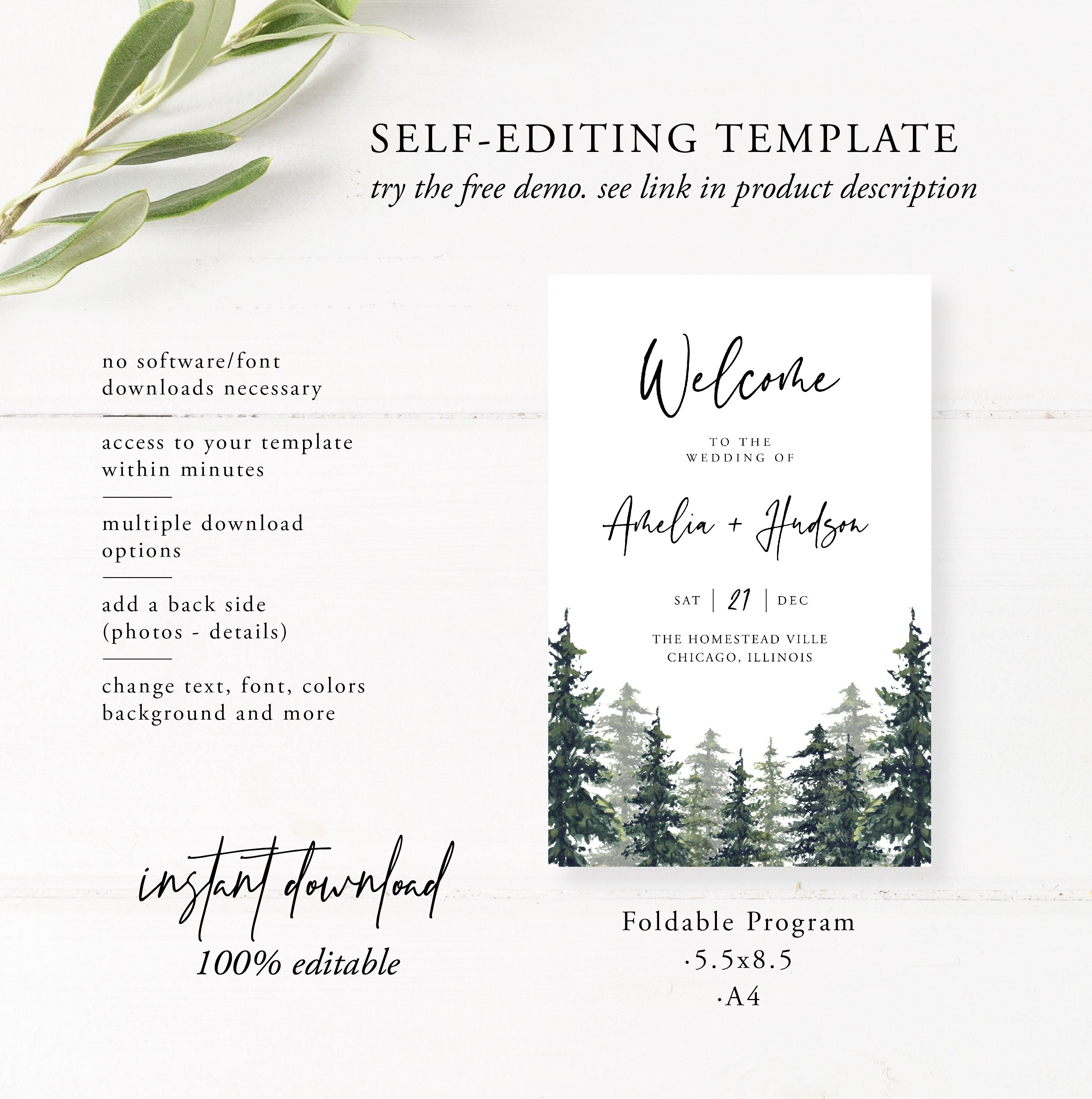 Pine Wedding Program Template Foldable Mountain Wedding - Etsy