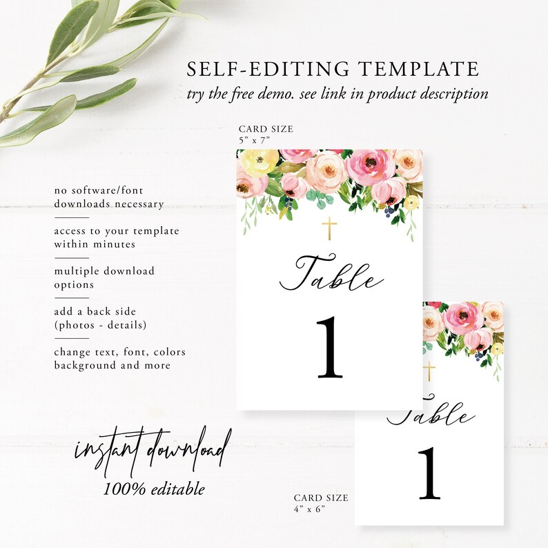 Table Number Template, Baptism Table Numbers, First Communion, Floral ...