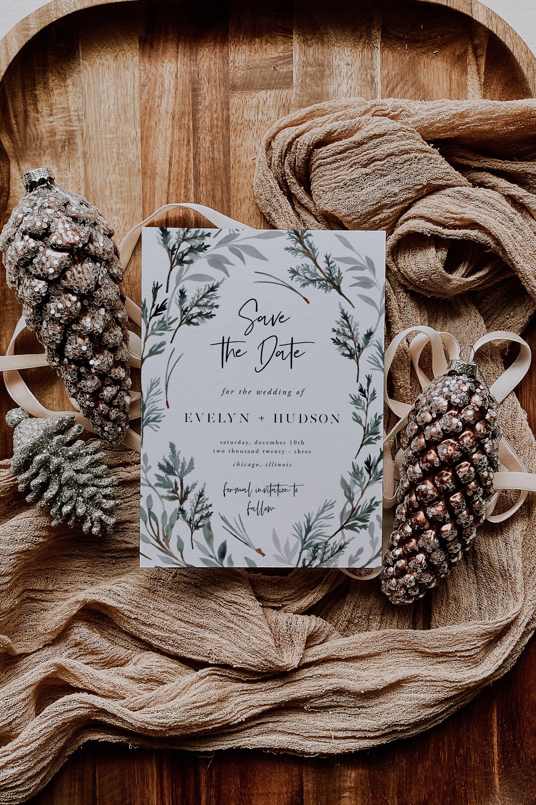 Winter Save the Date Template, Rustic Winter Evergreen Wedding Date ...