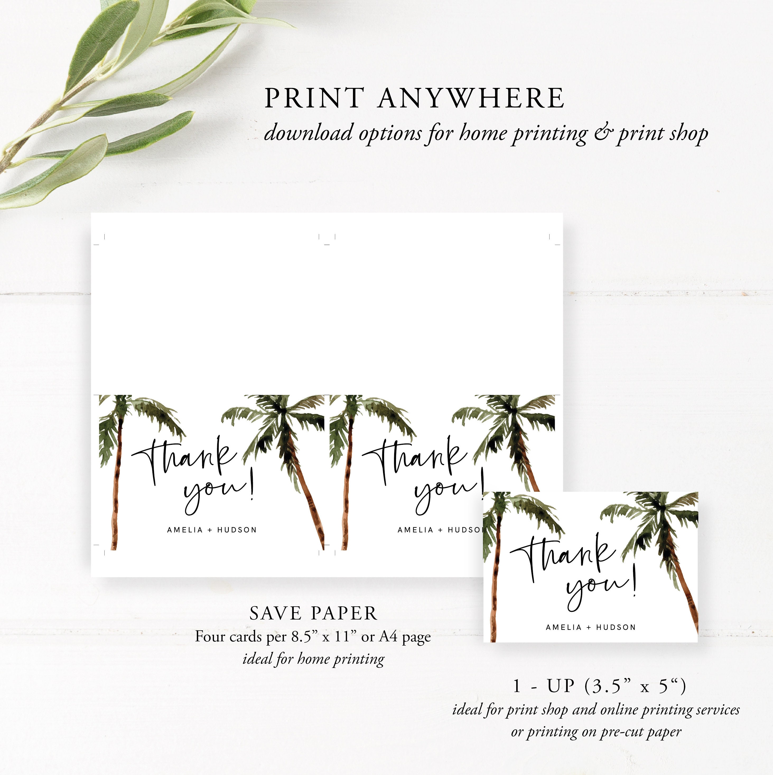 Palm Tree Thank You Card Template Tropical Wedding Bridal - Etsy