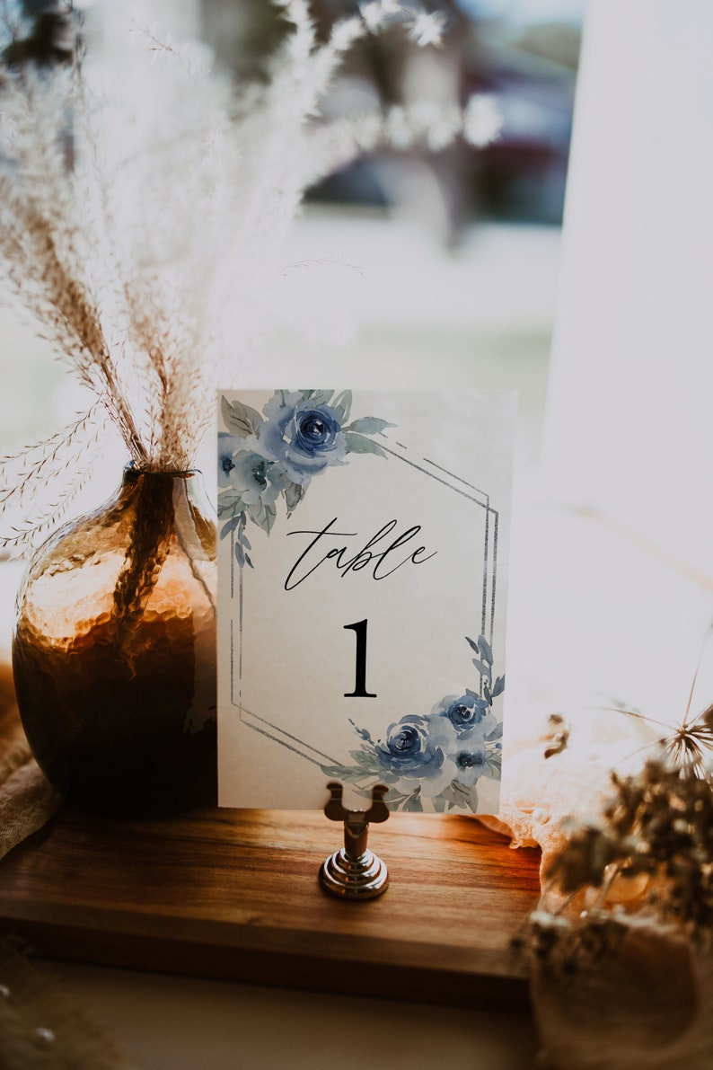 Dusty Blue Table Number Card Template, Dusty Blue Silver Wedding Table ...