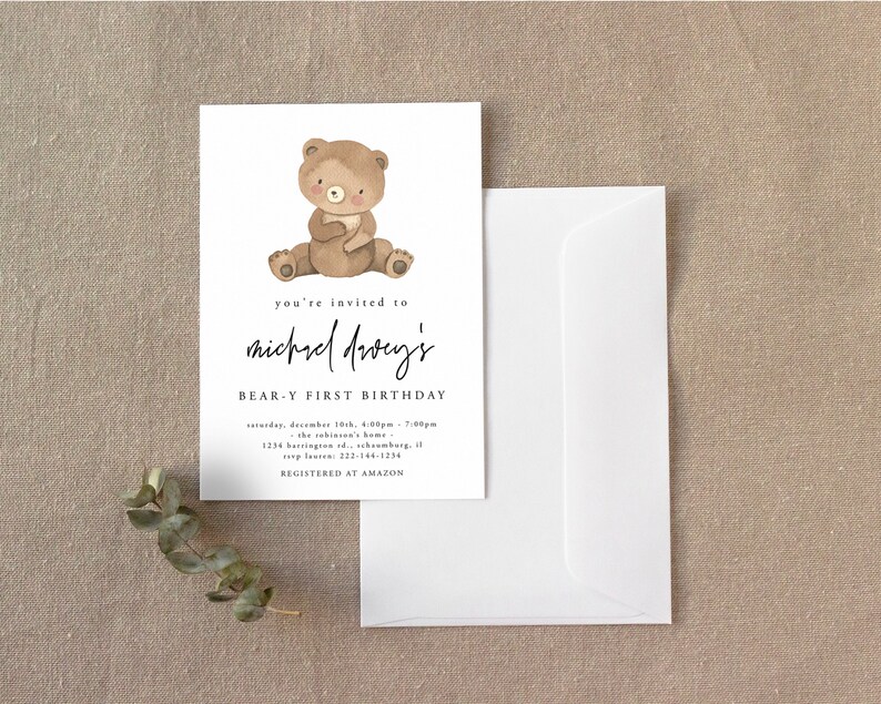 Bear Birthday Invitation Bear-y First Birthday Cute Bear | Etsy