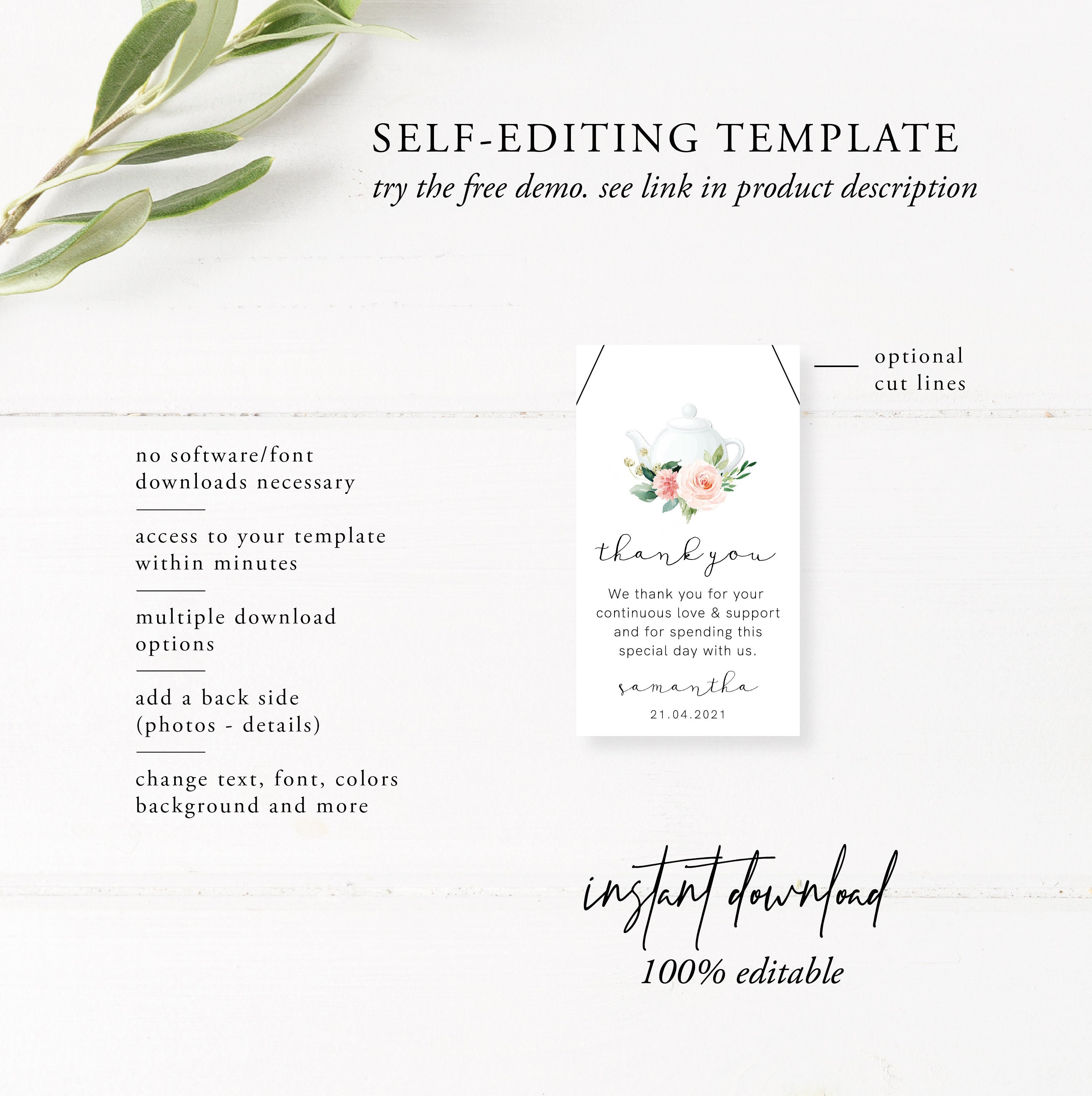 Bridal Tea Favor Tag Template, Wedding Thank You Tag, Bridal Shower Tag ...