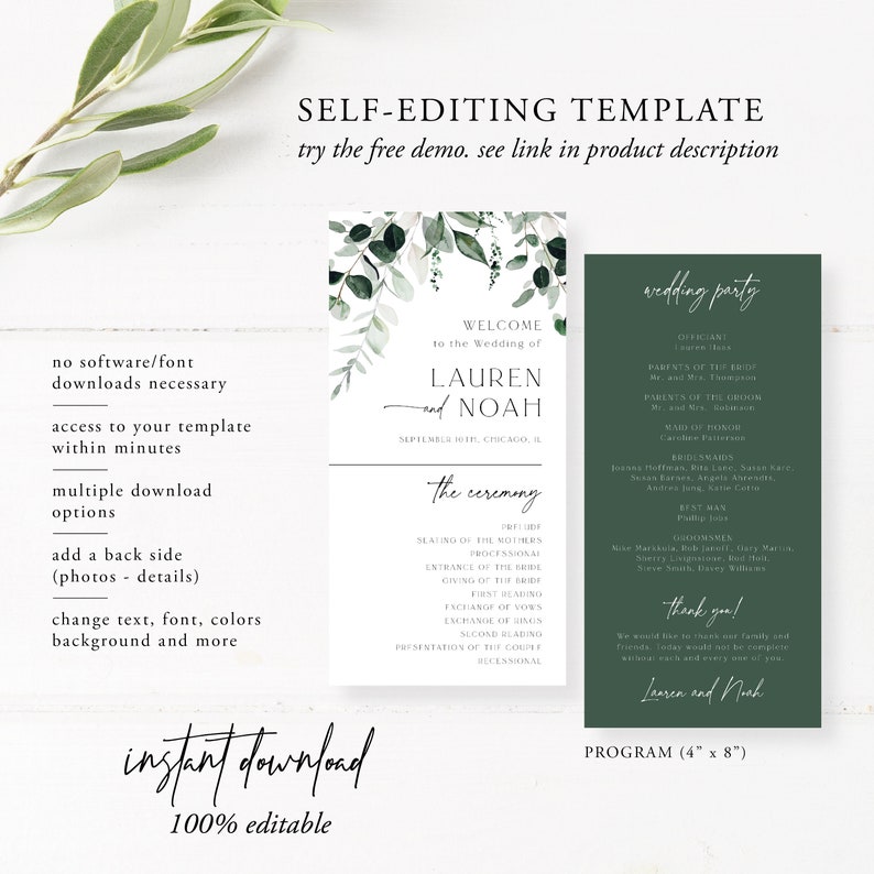 Greenery Wedding Program Template Leaves Wedding Program - Etsy