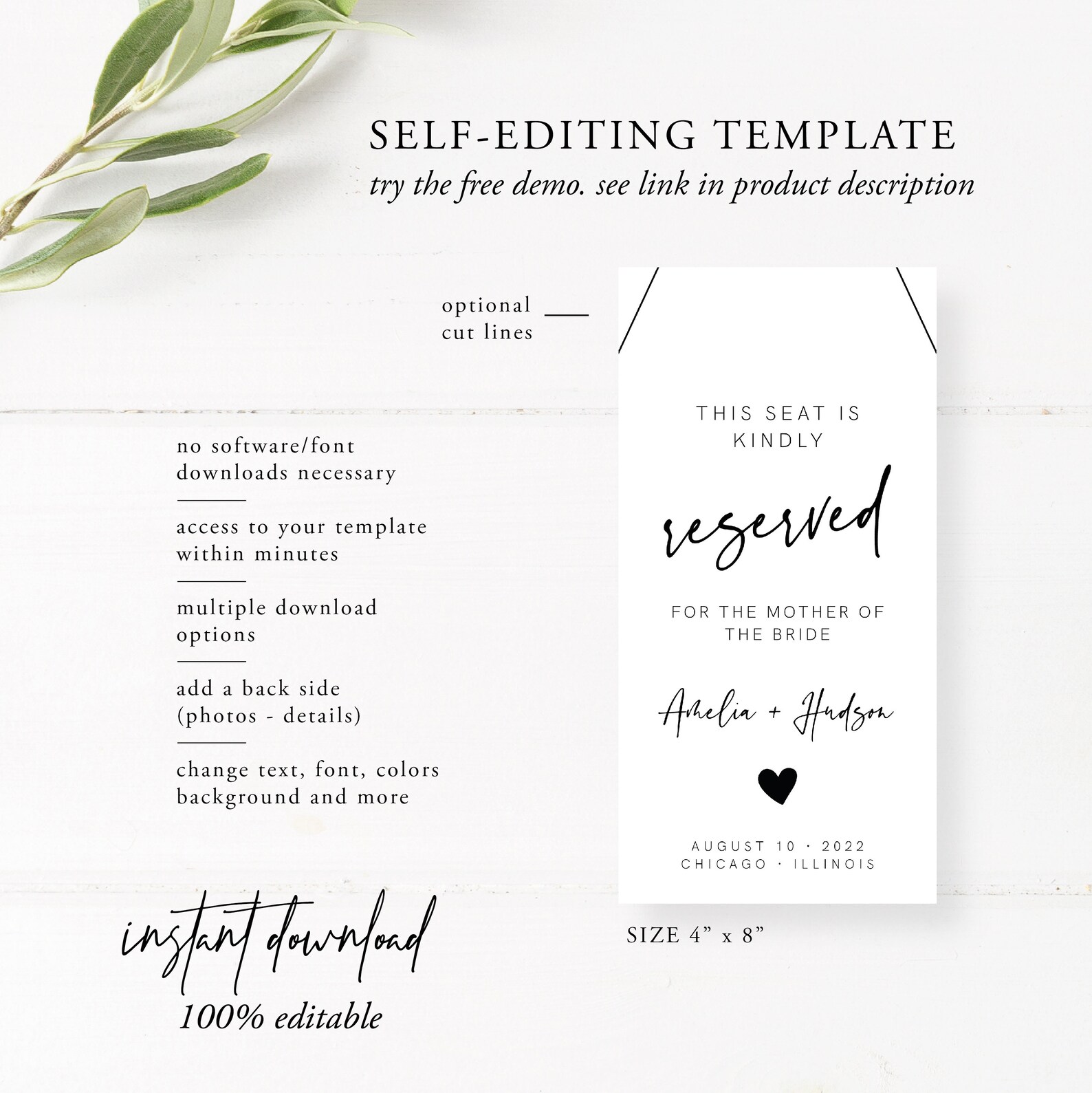 Reserved Chair Tag Wedding Seating Tag Printable Chair Tag | Etsy