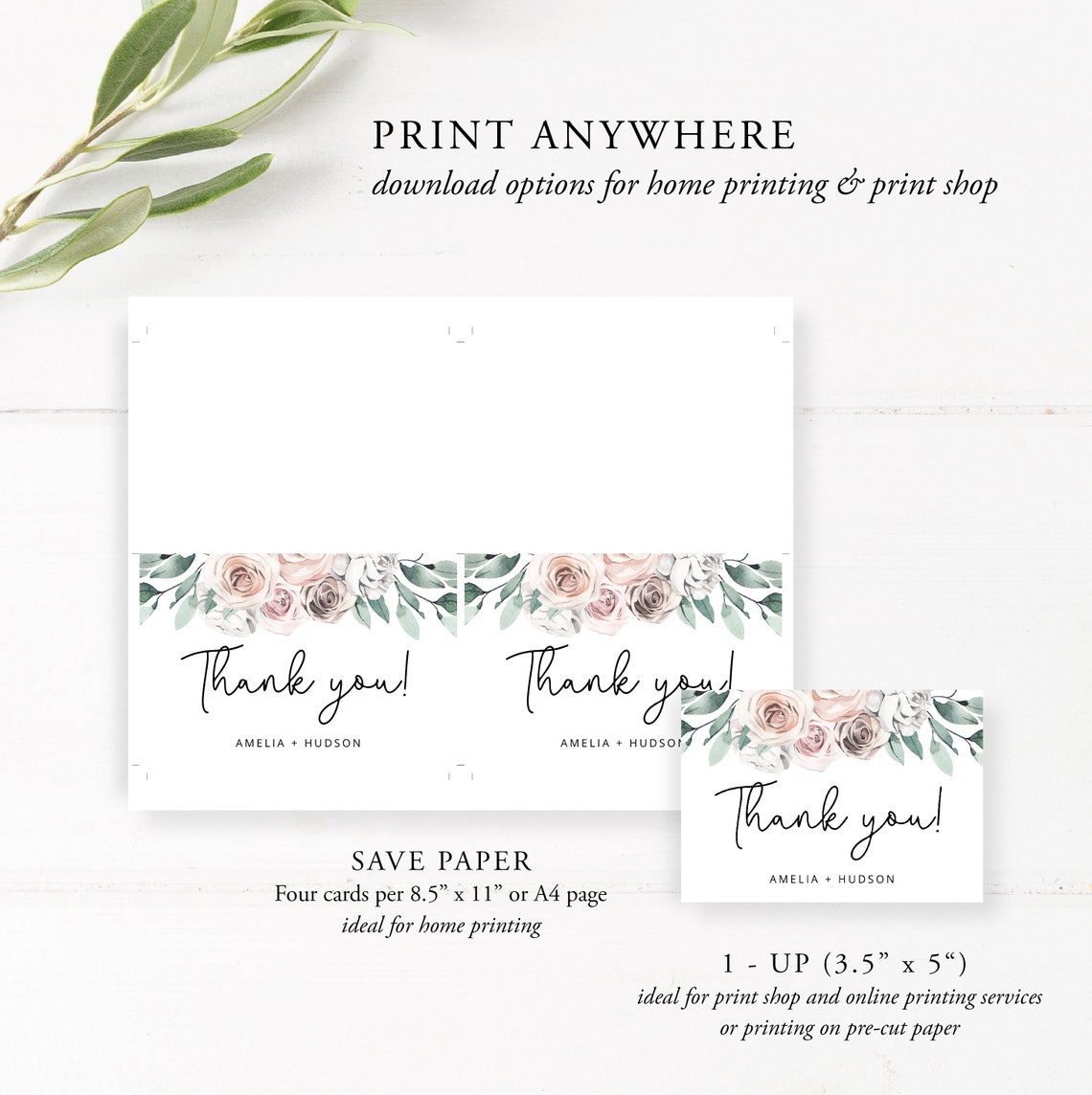Rose Thank You Card Template Rose Wedding Thank You Bridal - Etsy