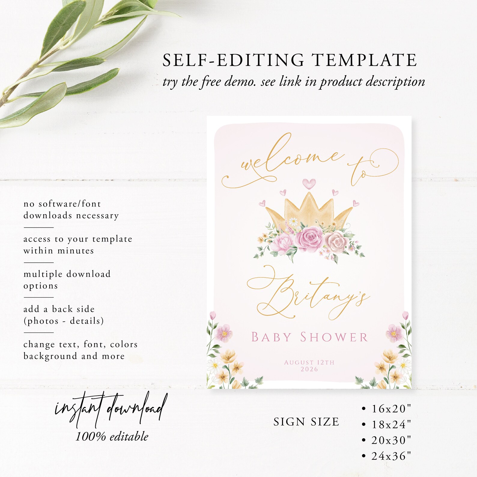 Princess Baby Shower Welcome Sign Template, Royal Girl Baby Shower ...