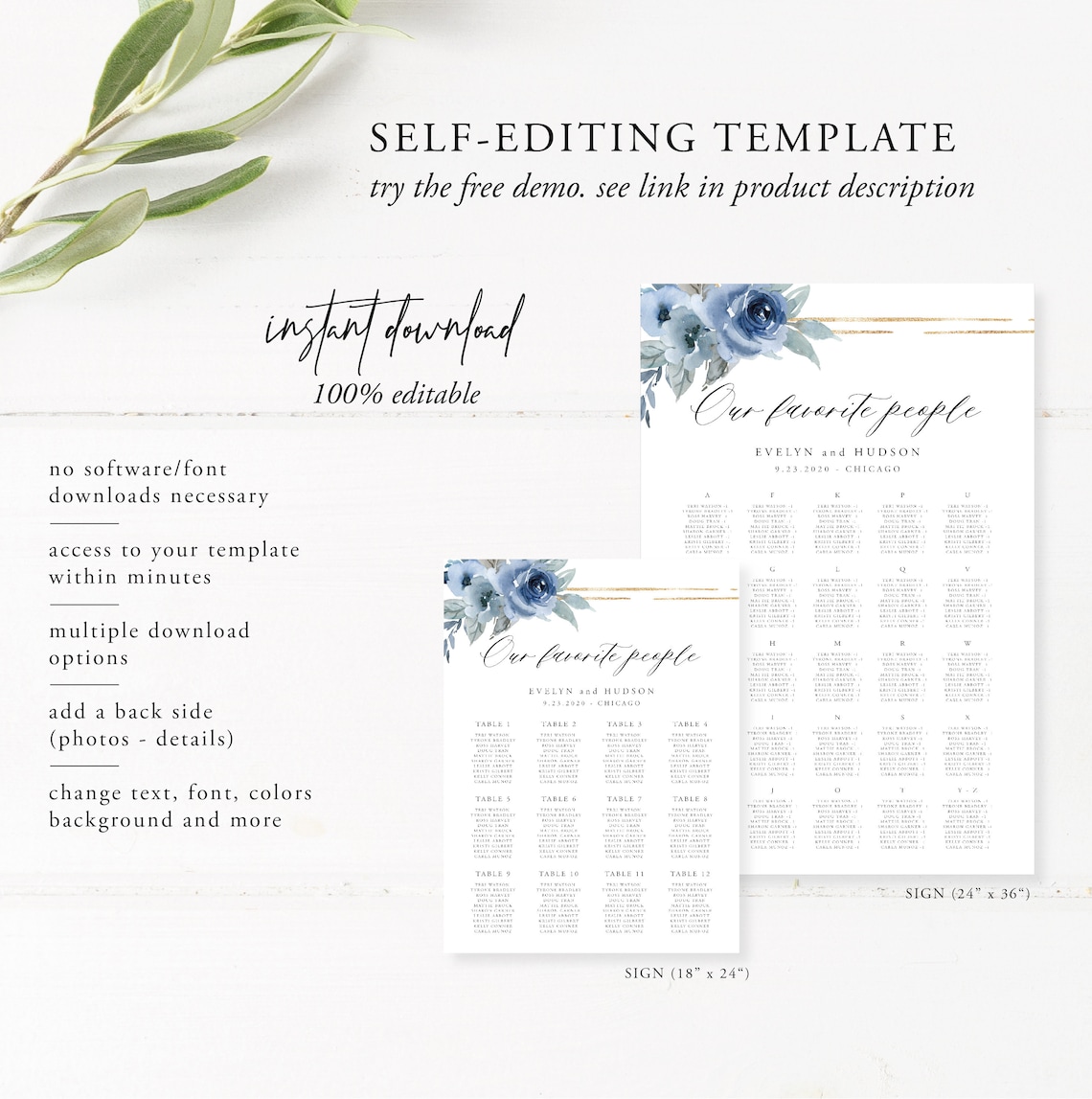 Dusty Blue Seating Chart Poster Printable Wedding Seating - Etsy