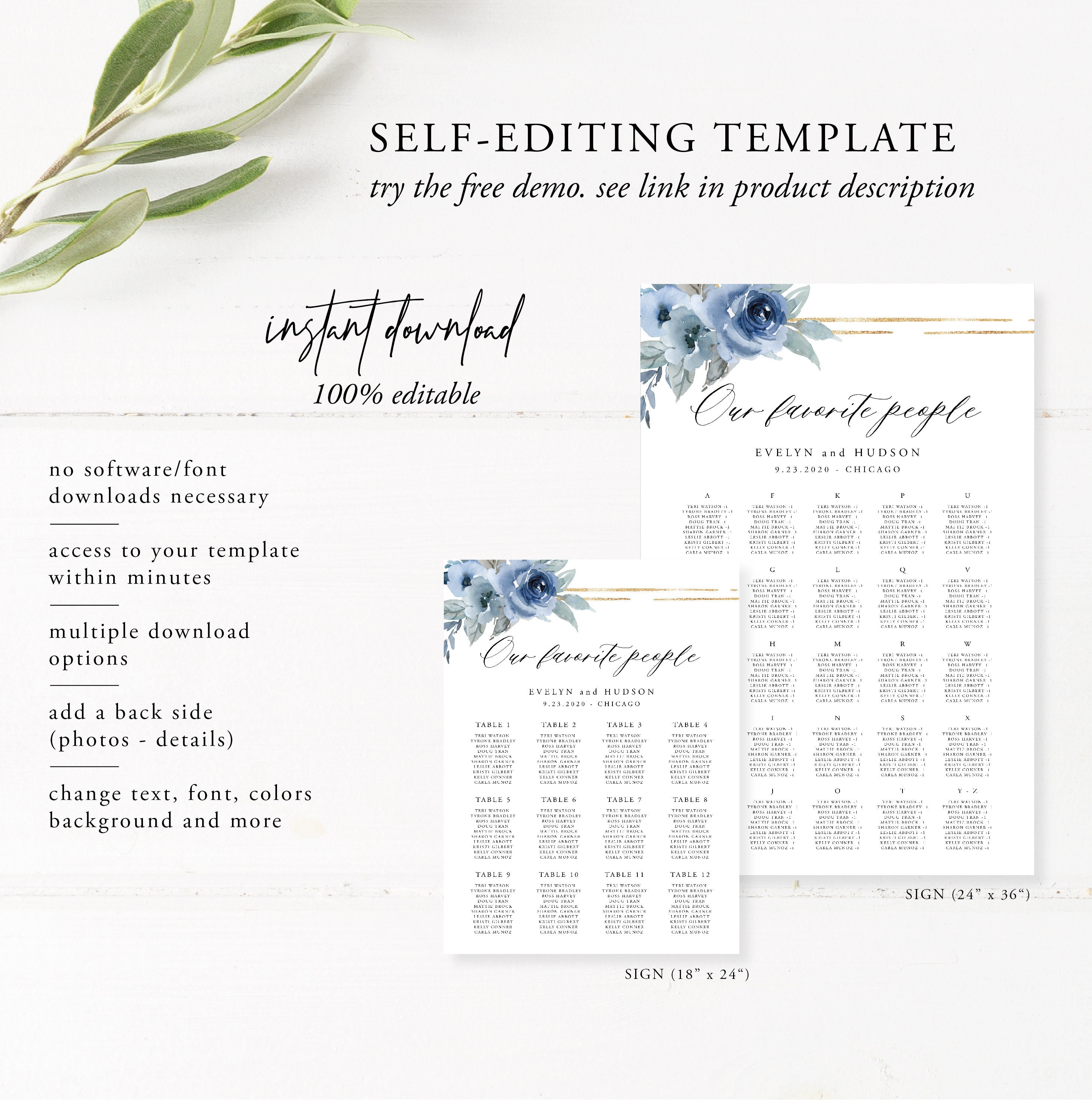 Dusty Blue Seating Chart Poster, Printable Wedding Seating Sign, Dusty ...