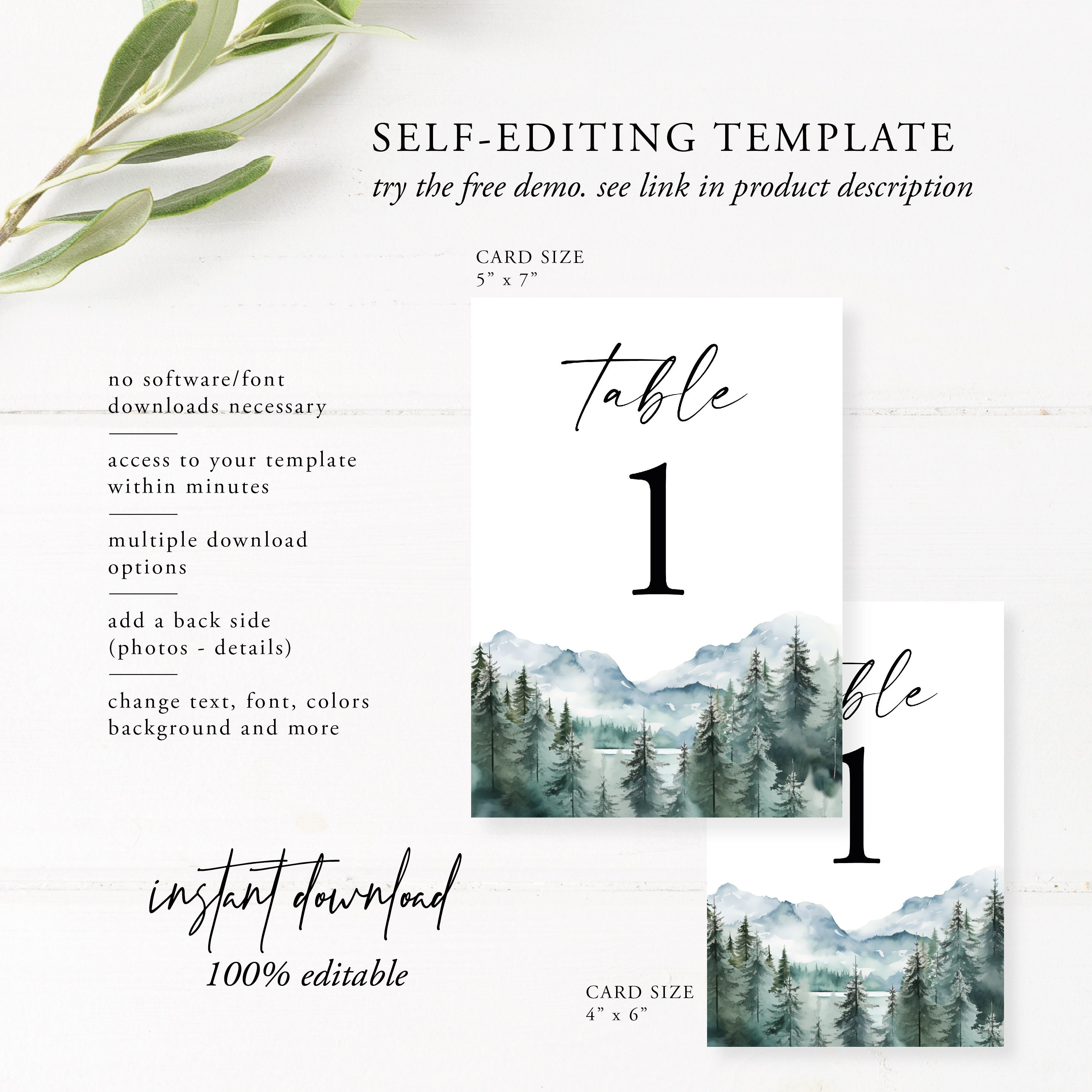 Mountain Table Number Cards, Printable Mountain Pine Wedding Table ...