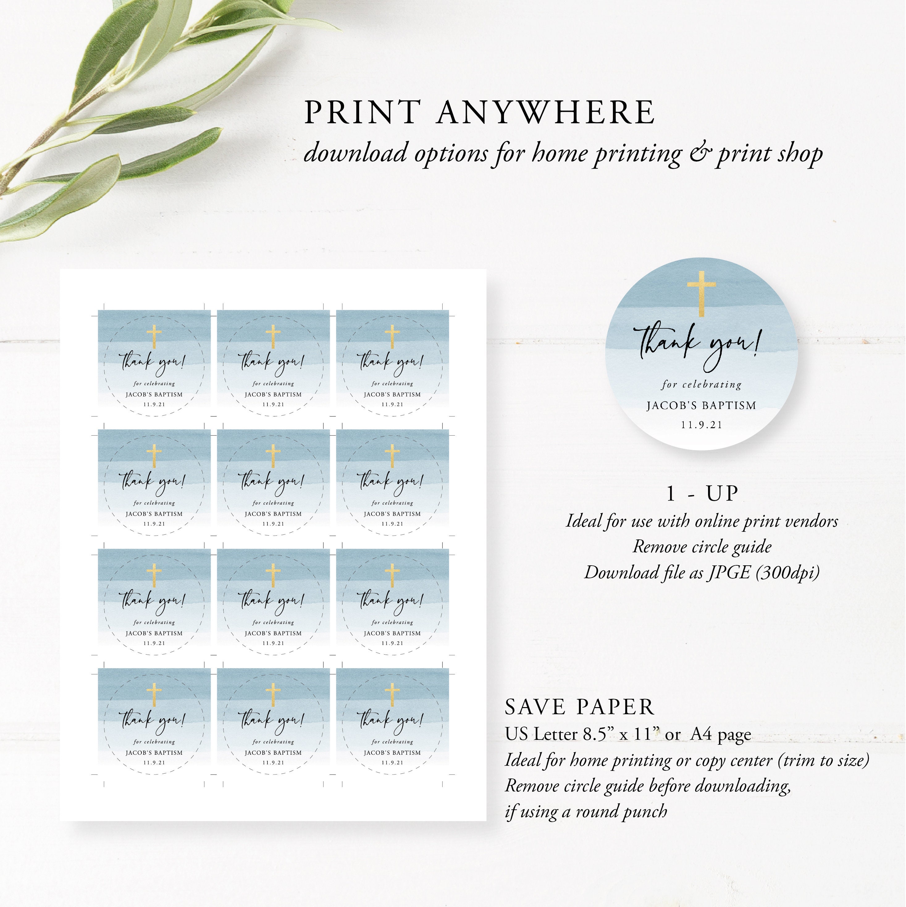 Round Favor Tag Template Baptism Printable Round Light Blue - Etsy